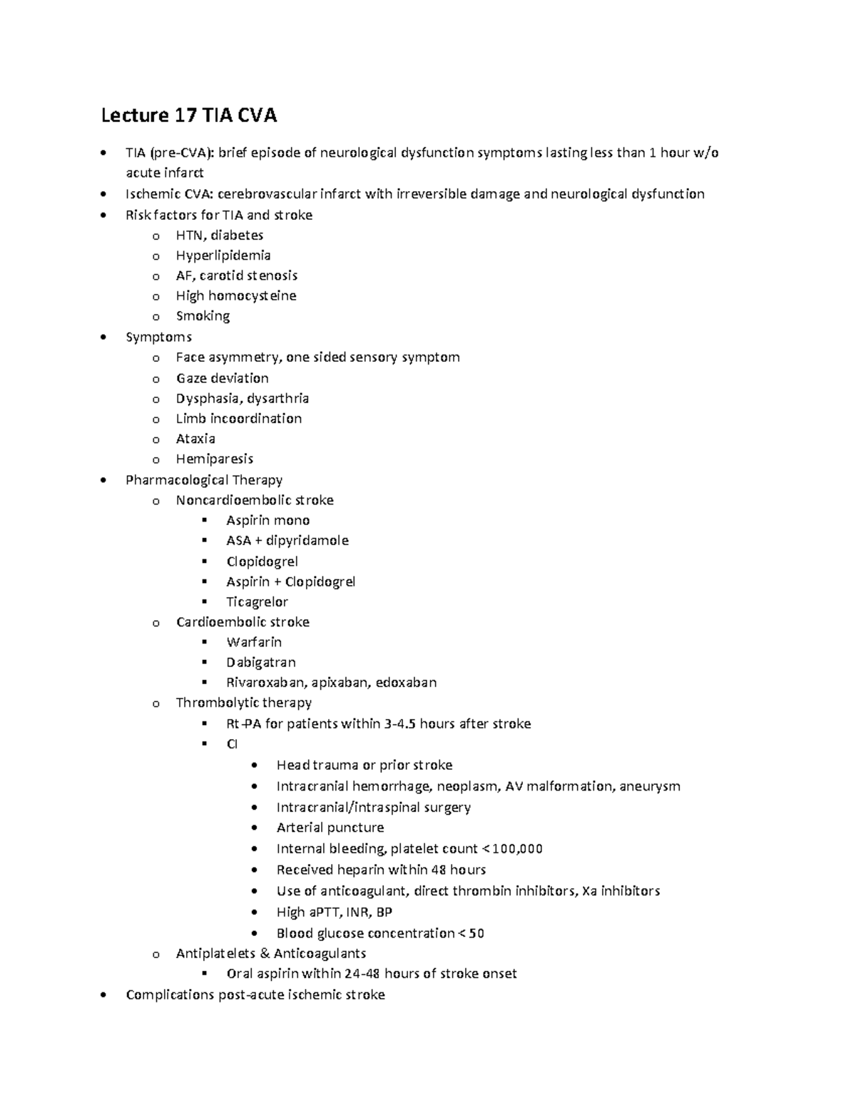 Lecture 17 TIA CVA - Lecture 17 TIA CVA TIA (pre-CVA): brief episode of neurological dysfunction ...