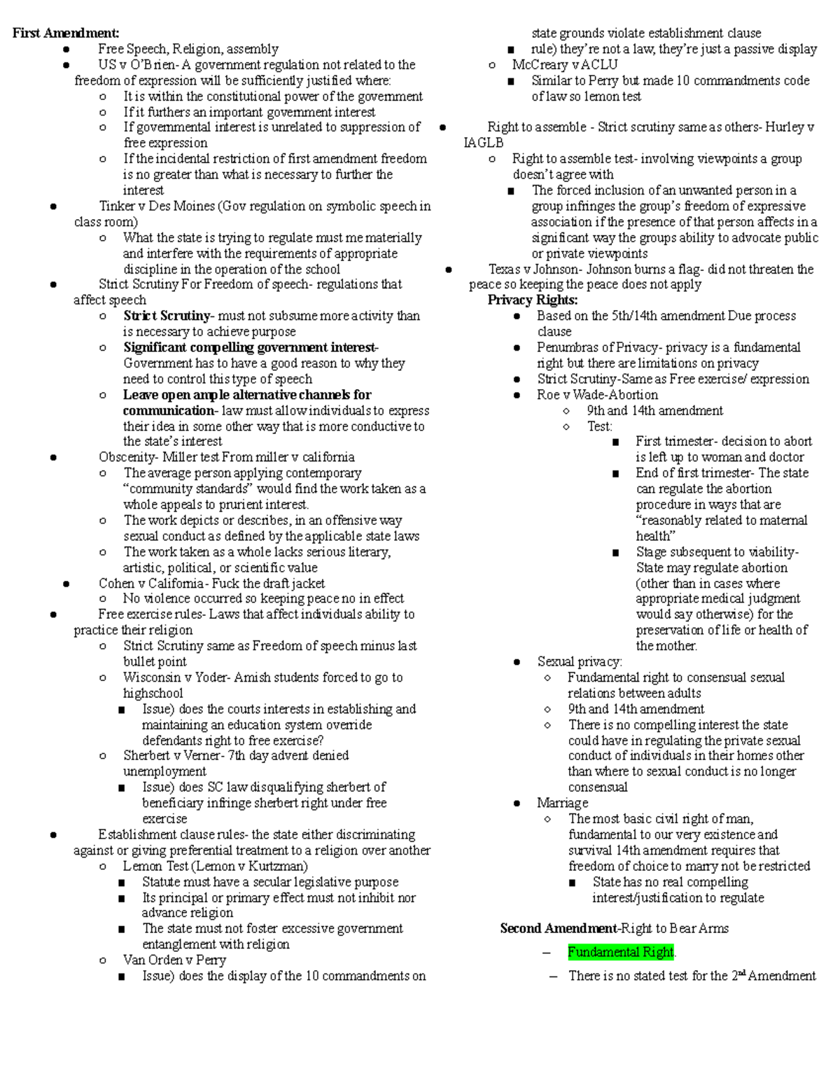 Civ Lib Cheat sheet - First Amendment: Free Speech, Religion, assembly ...