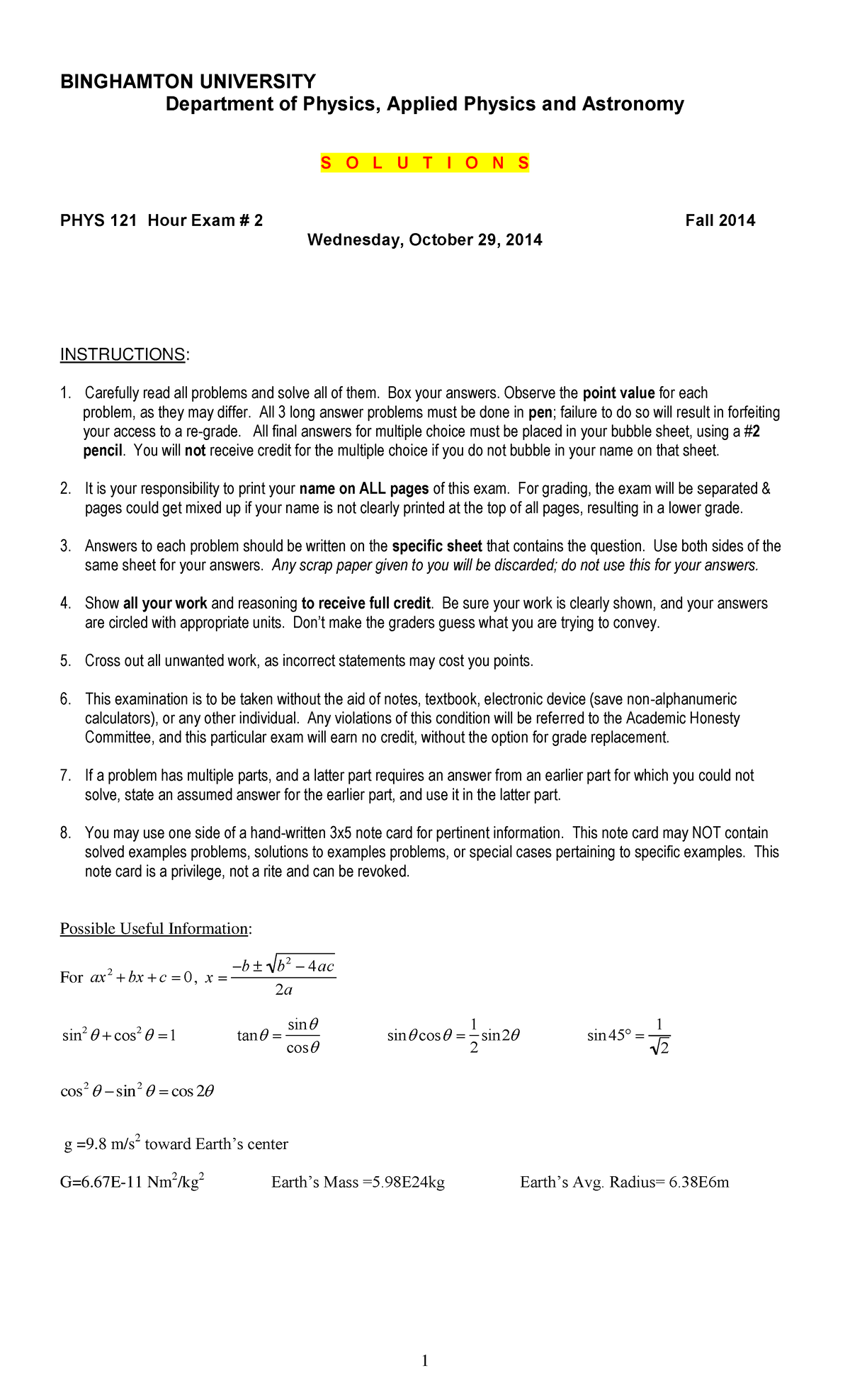 Exam 2 2014 Solutions - BINGHAMTON UNIVERSITY Department of Physics, Applied Physics and ...