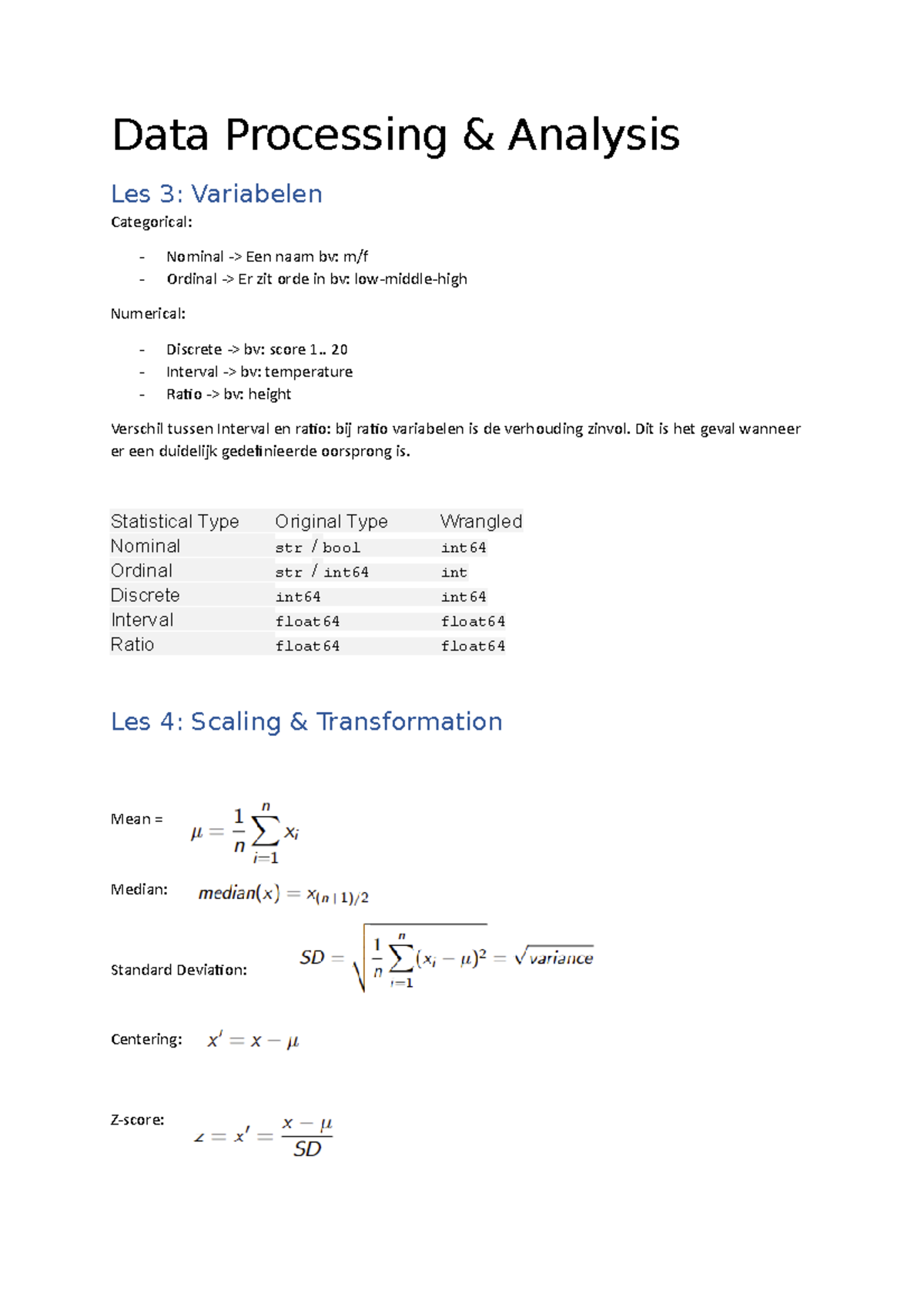 Data Processing smnvtg examen - Data Processing & Analysis Les 3: Variabelen Categorical: - Studocu
