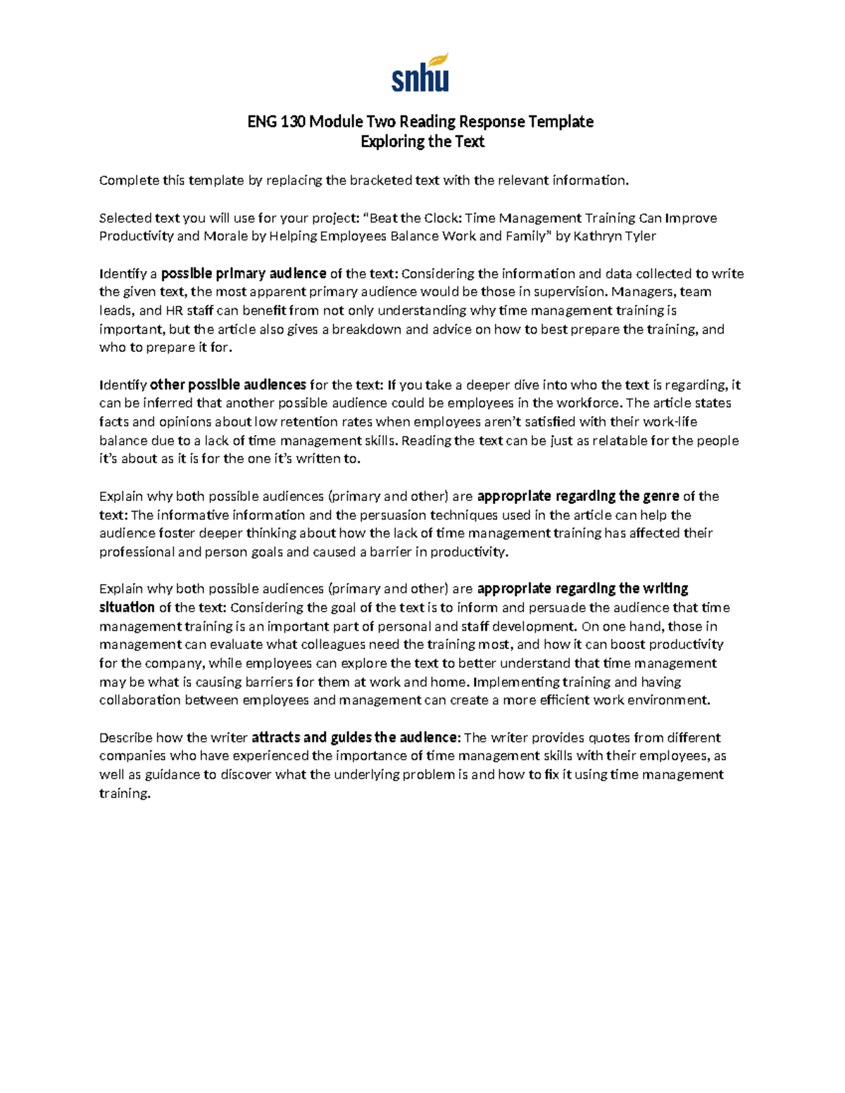 ENG 130 Module Two Reading Response - Selected text you will use for ...