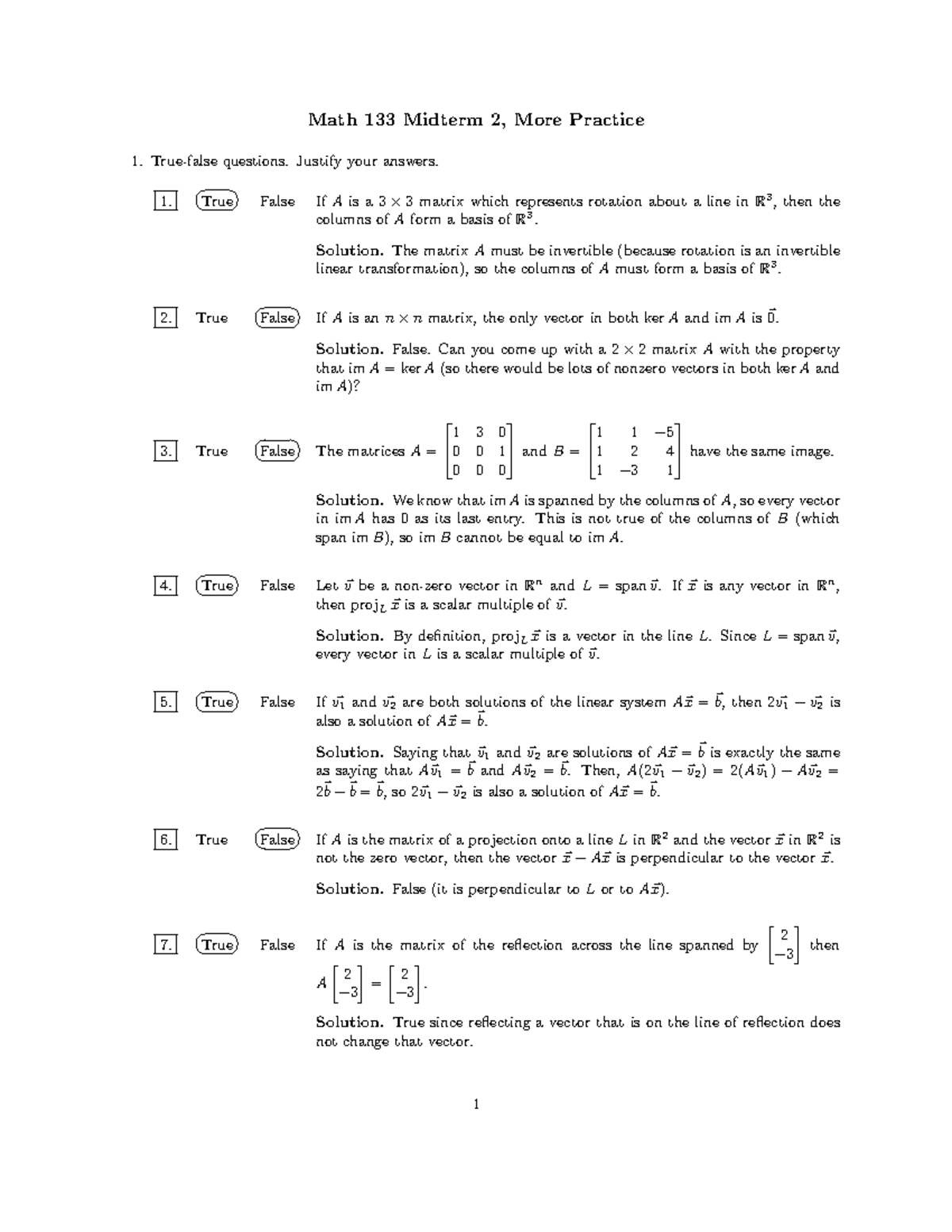 practice solution - Math 133 Midterm 2, More Practice True-false ...