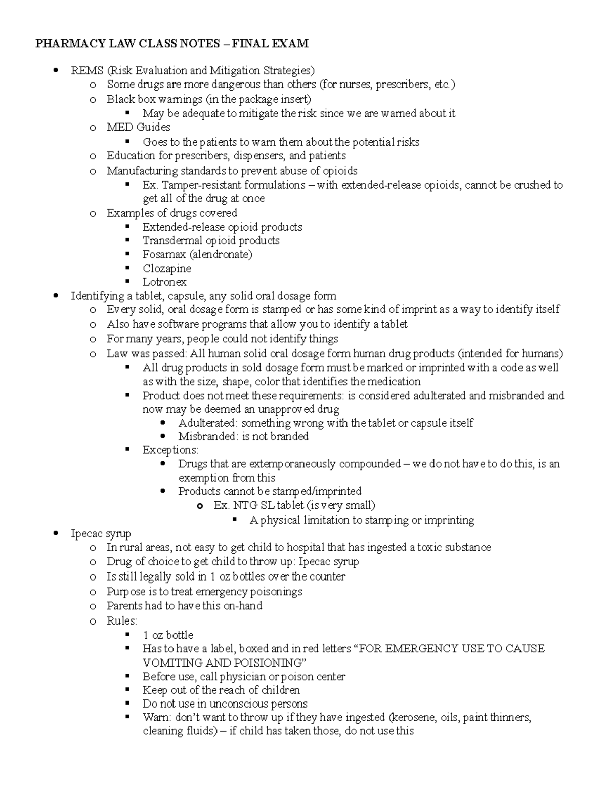 Pharmacy LAW Class Notes Final EXAM PHARMACY LAW CLASS NOTES FINAL