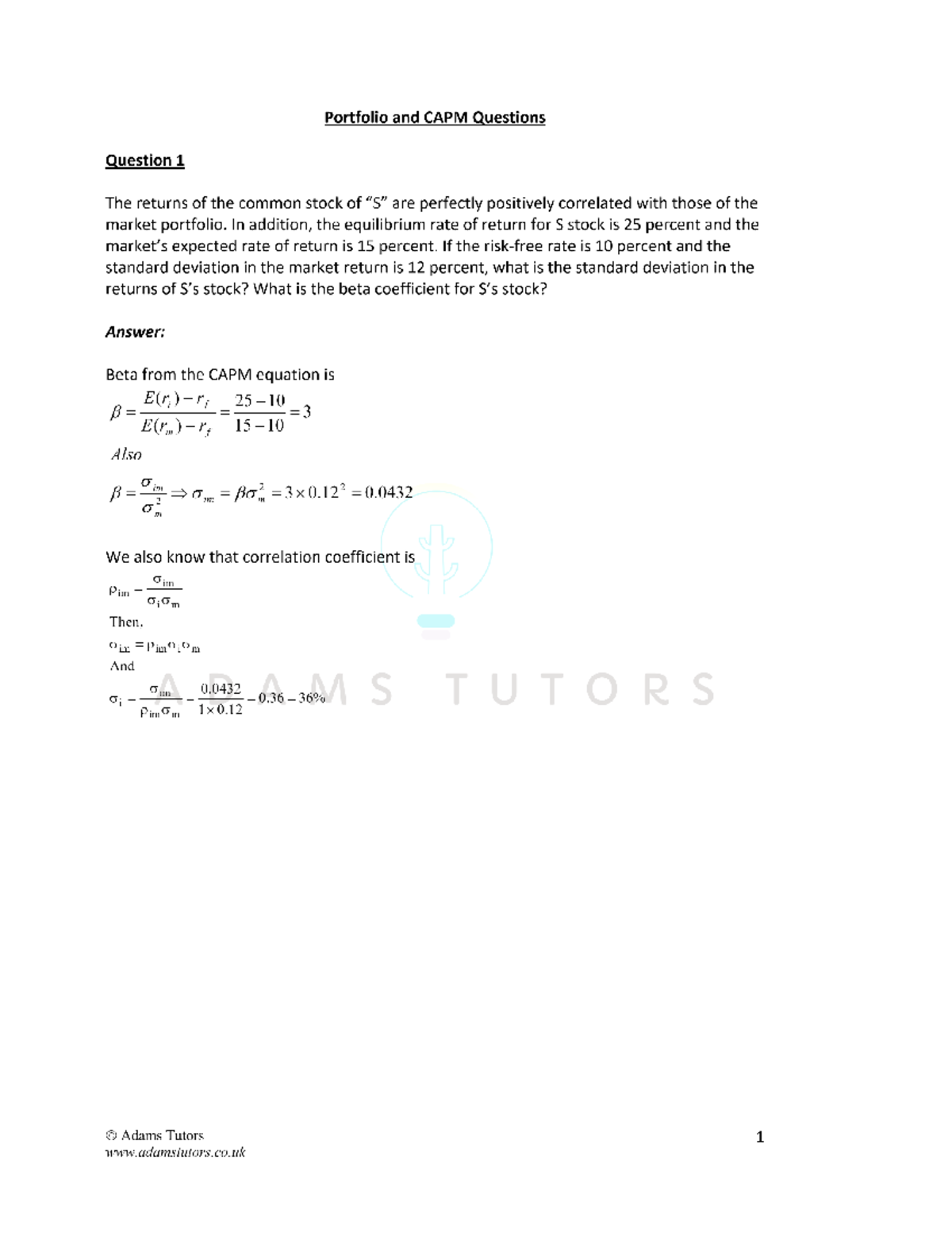 Numerical Portfolio and CAPM Questions & Answe - Accounting Information ...