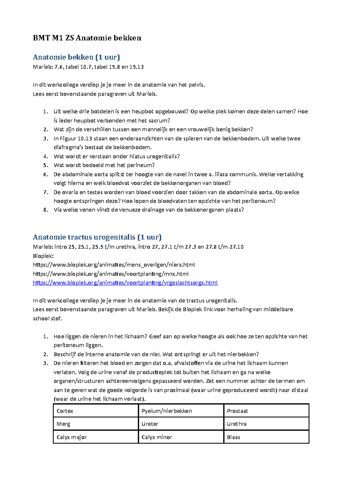 BMT M1 - ZS Anatomie bekken - BMT M1 ZS Anatomie bekken Anatomie bekken (1 uur) Marieb: 7, tabel ...