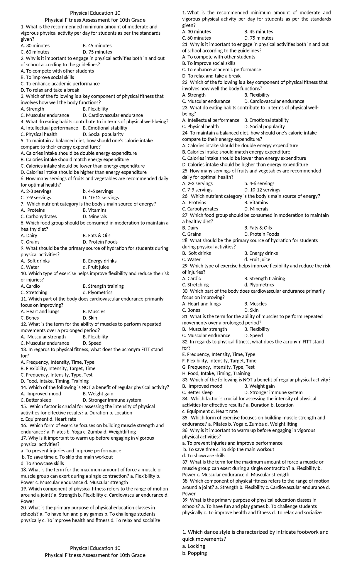 QUIZ PE - Summary Bsed-Biology - Physical Education 10 Physical Fitness ...