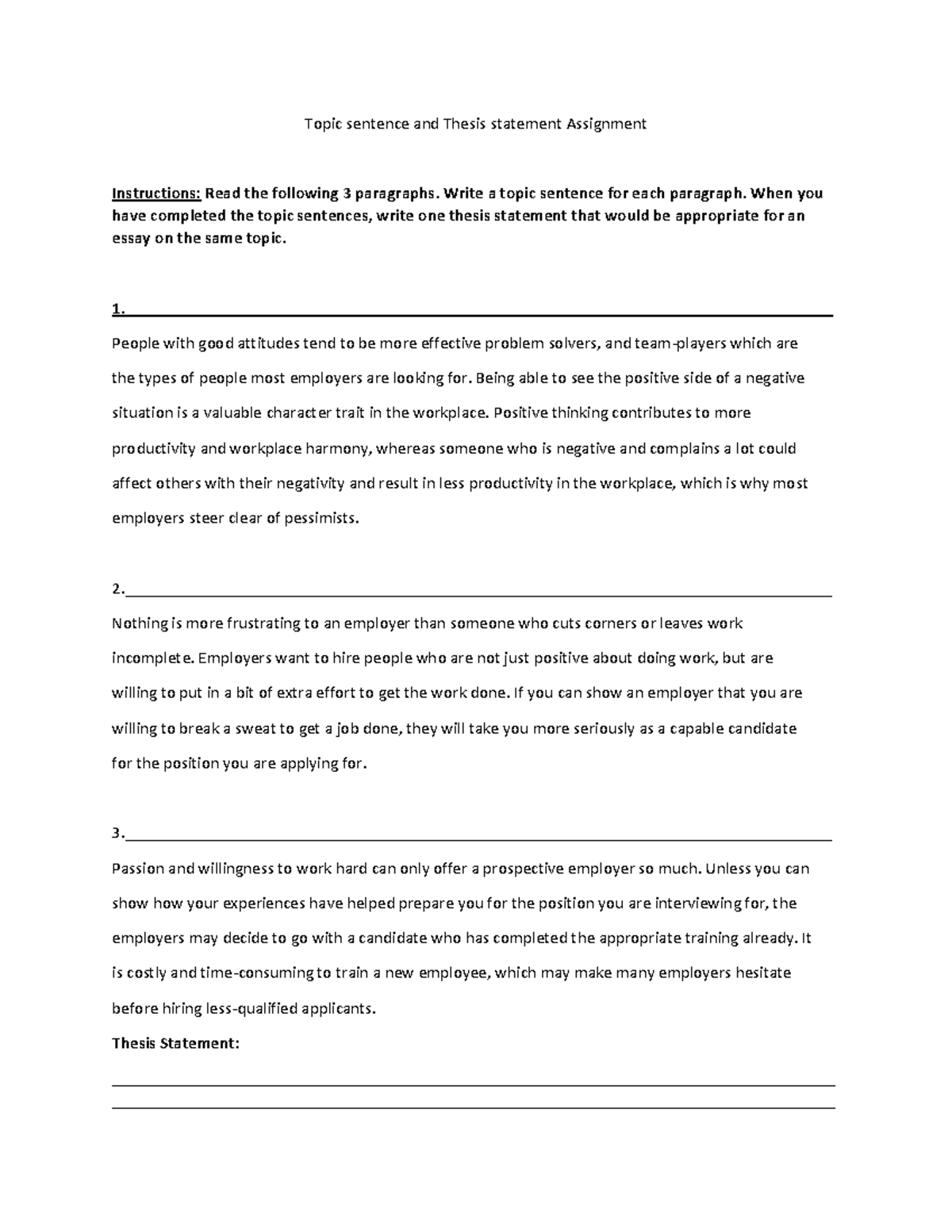 Topic sentence and Thesis statement assignment - Topic sentence and ...