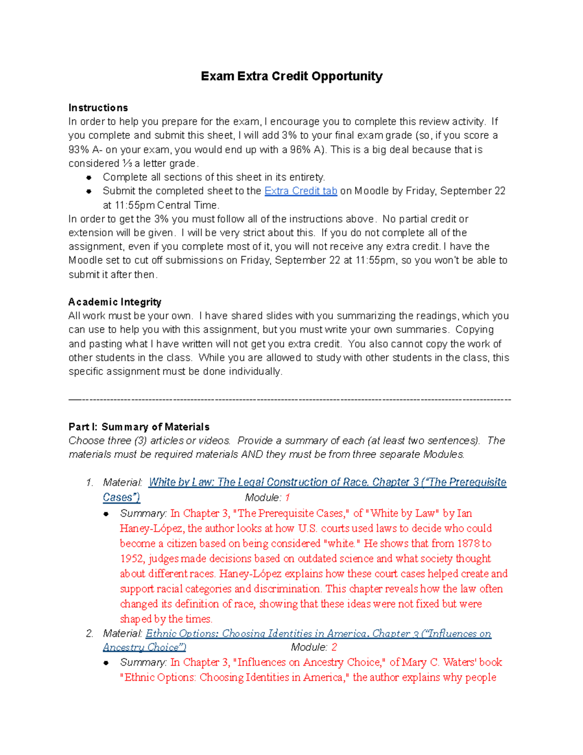 Exam 1 Extra Credit - If you complete and submit this sheet, I will add ...