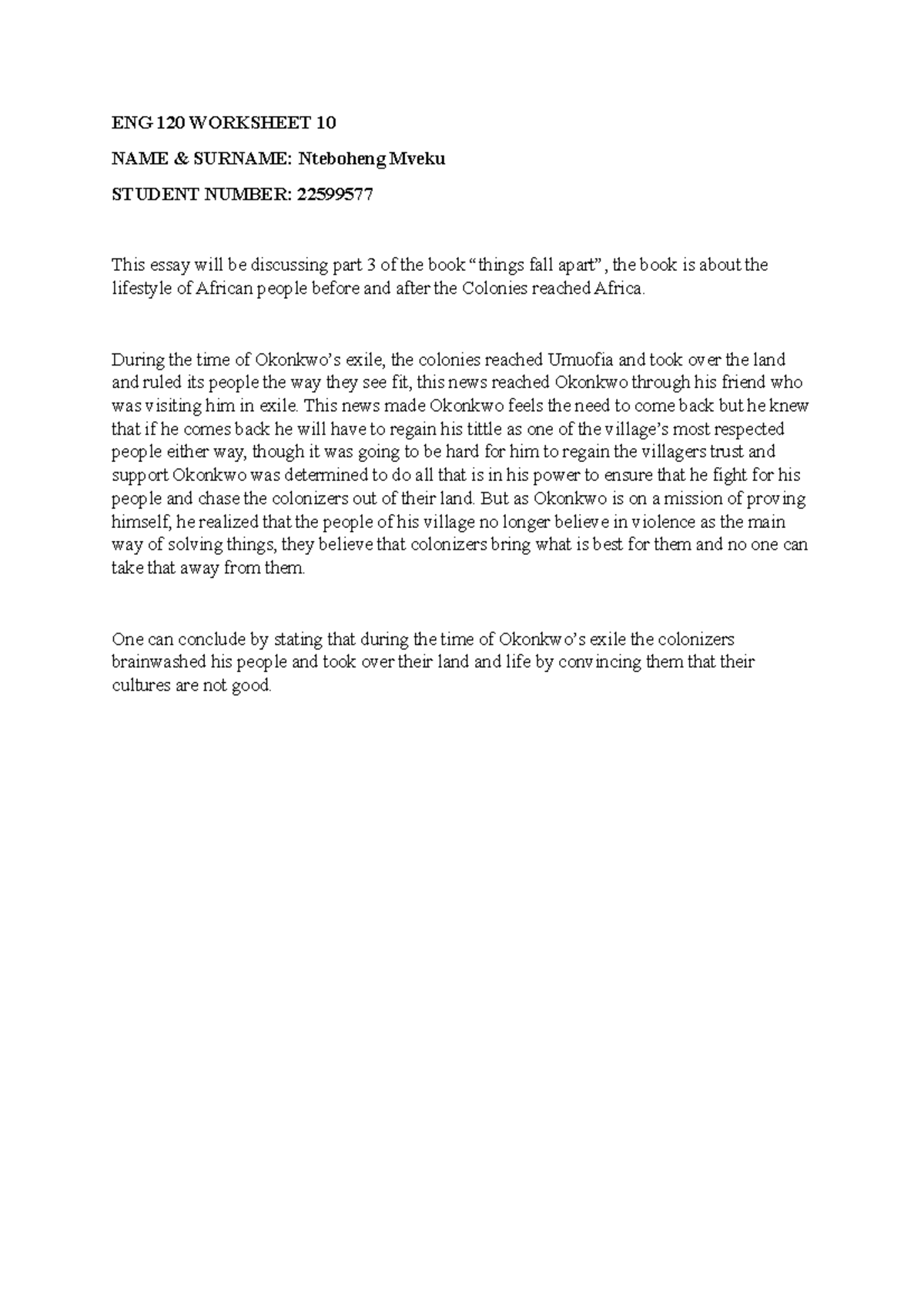ENG120 Worksheet 10 - ENG 120 WORKSHEET 10 NAME & SURNAME: Nteboheng ...