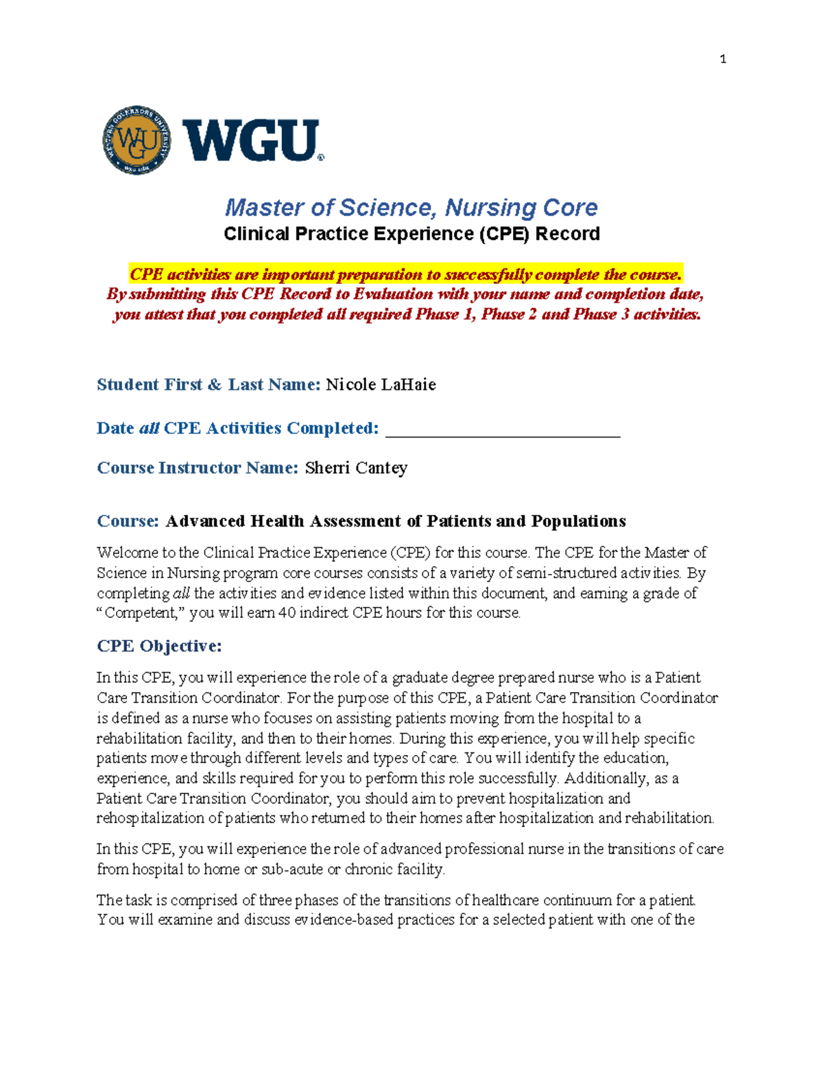 CPE Record - cpe - Master of Science, Nursing Core Clinical Practice Experience (CPE) Record CPE ...