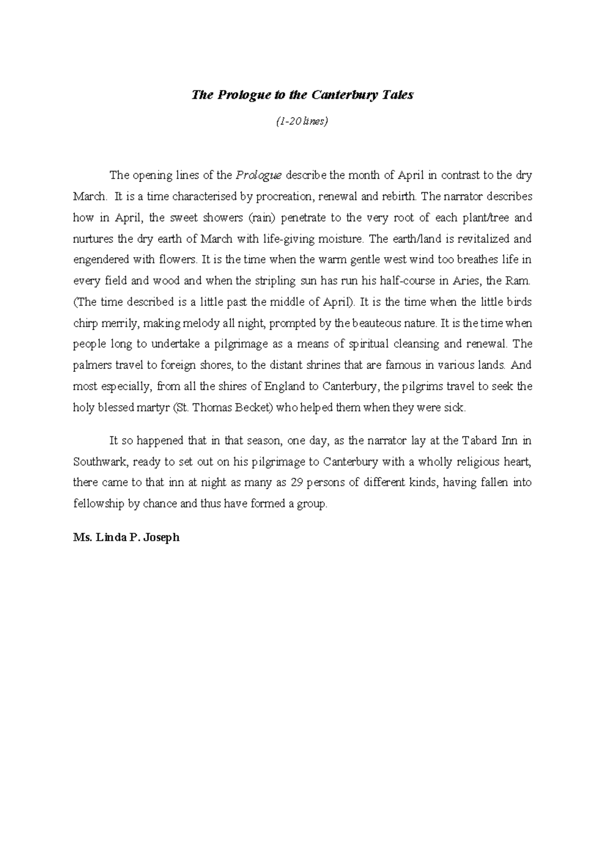The Prologue to the Canterbury Tales - It is a time characterised by ...