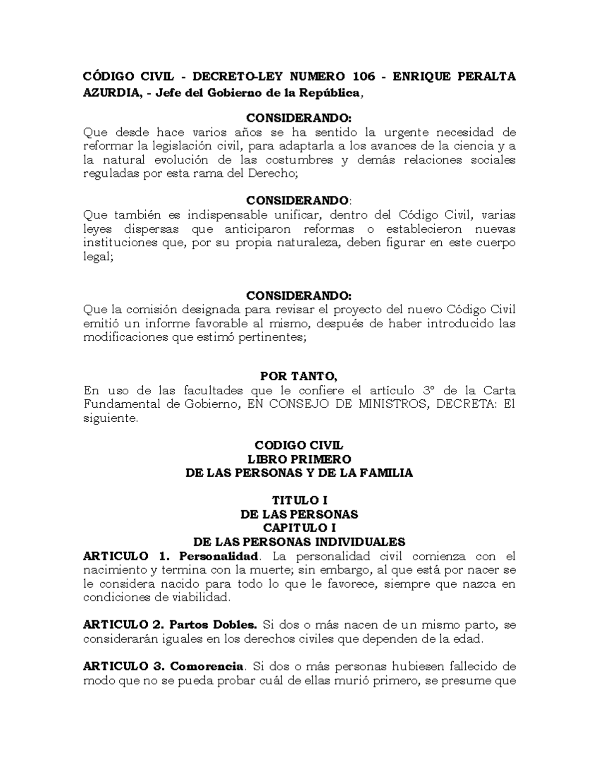 Código Civil - C”DIGO CIVIL - DECRETO-LEY NUMERO 106 - ENRIQUE PERALTA ...