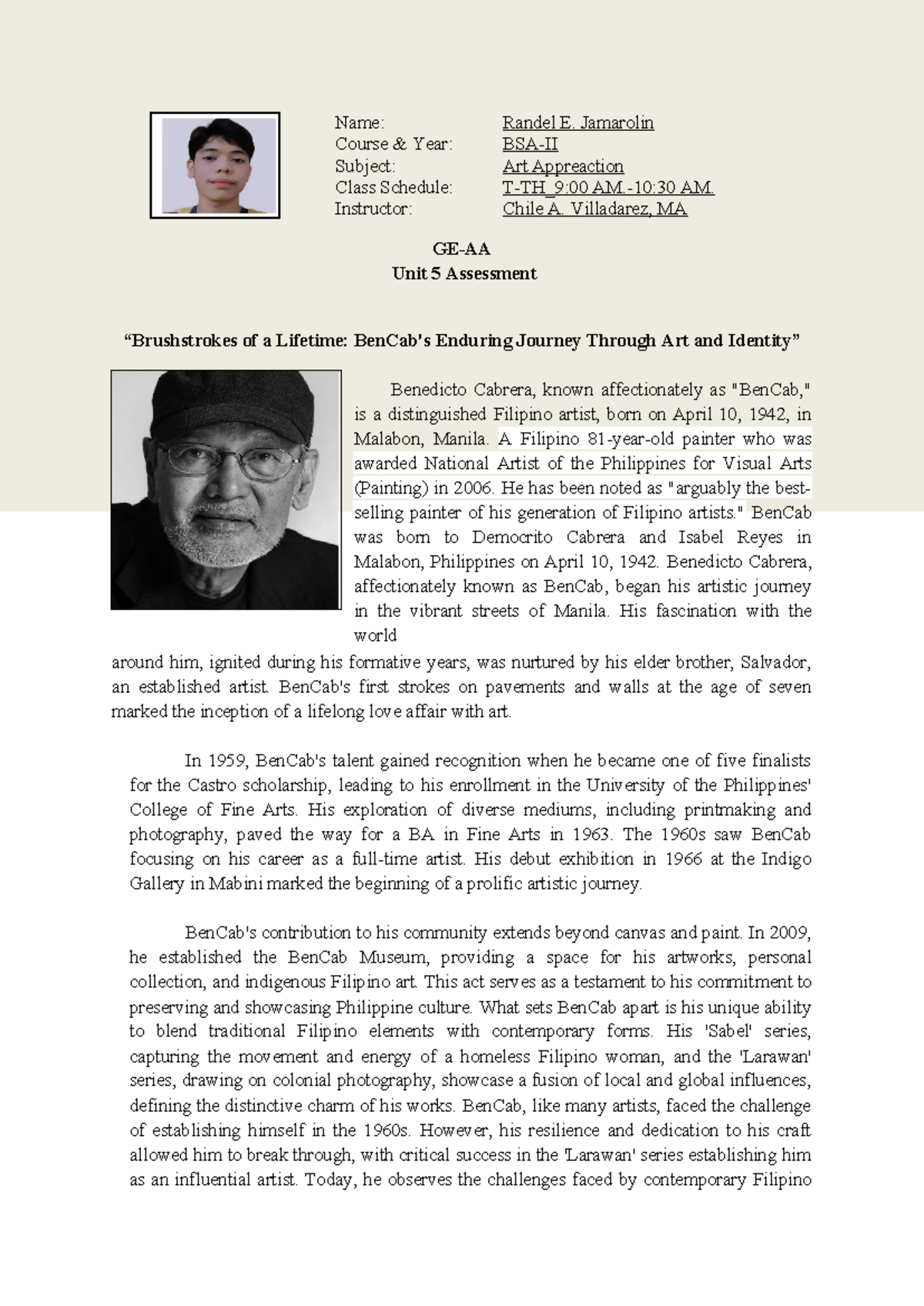 GE-AA Unit 5 Assessment Randel Jamarolin - Name: Randel E. Jamarolin ...