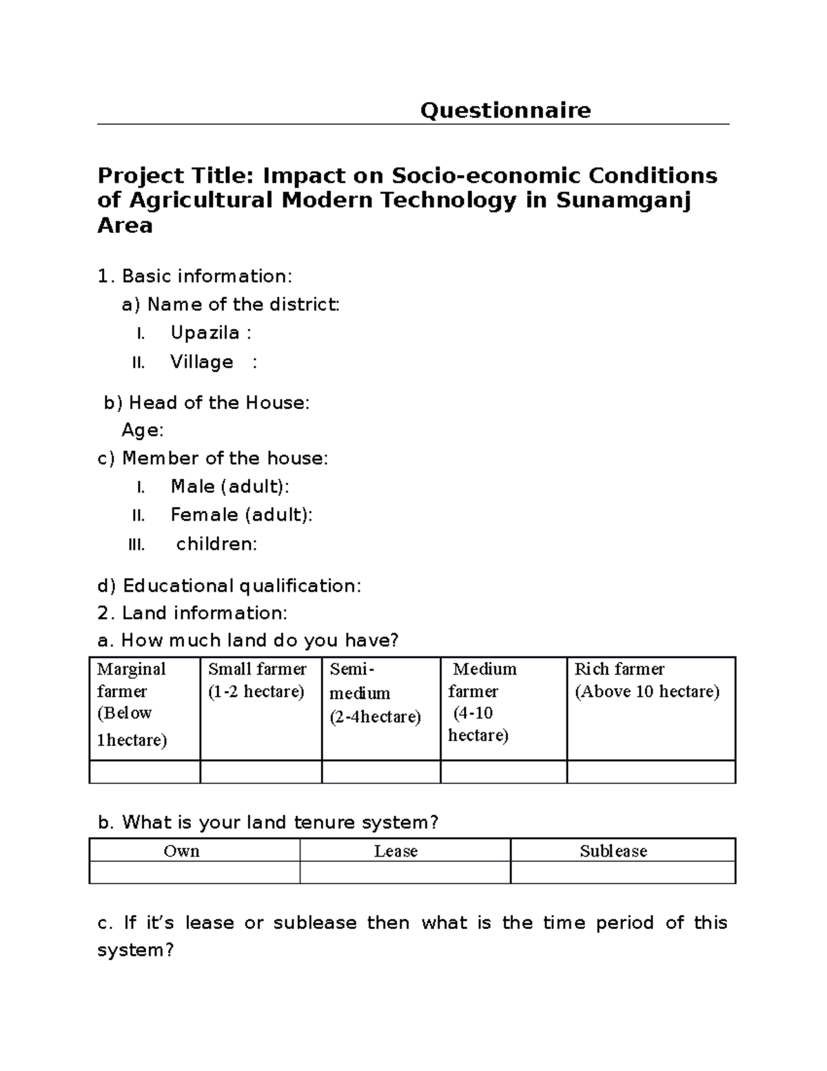 Questionnaires for project work - Questionnaire Project Title: Impact ...