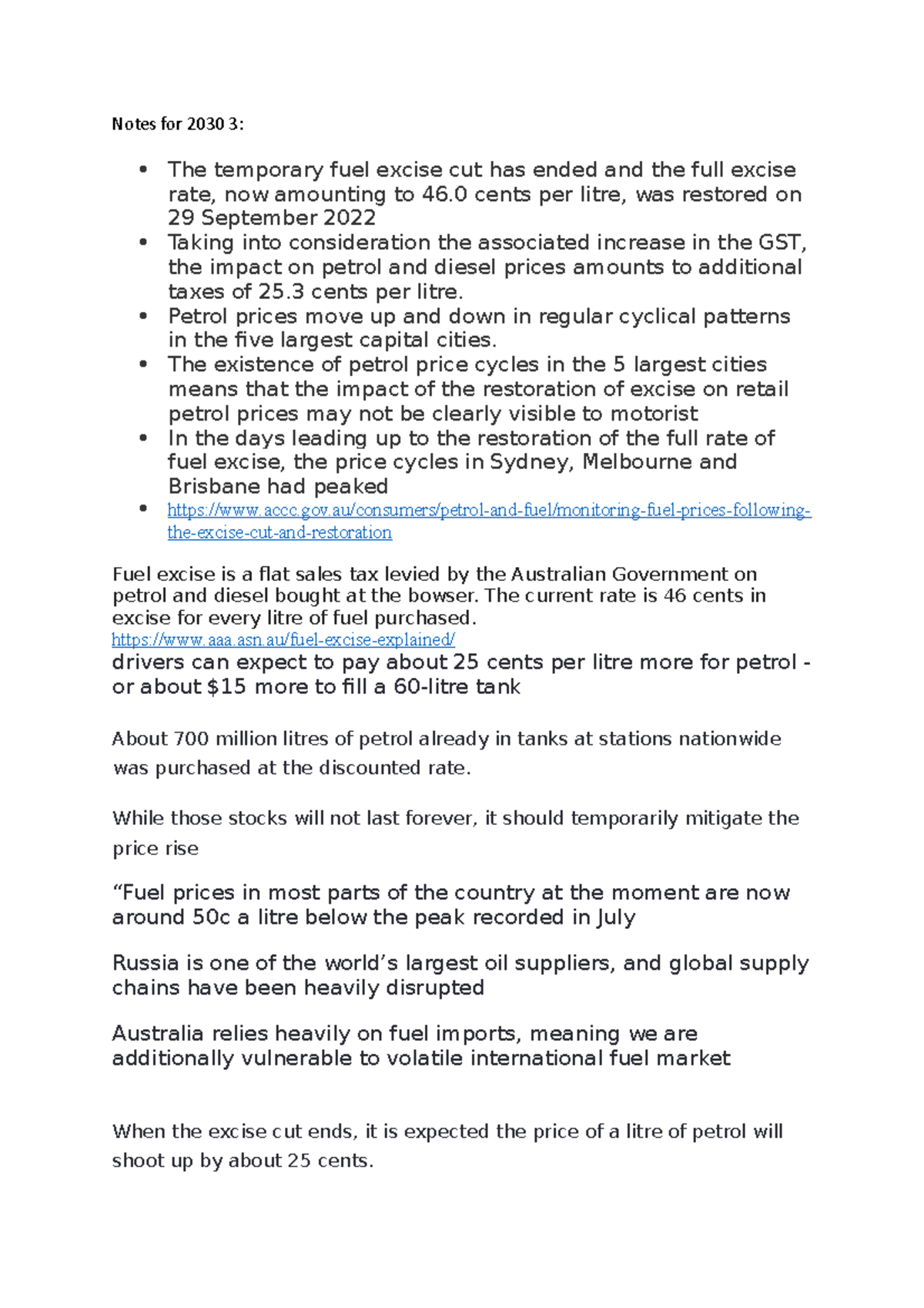 Excise cut notes - Notes for 2030 3: The temporary fuel excise cut has ...