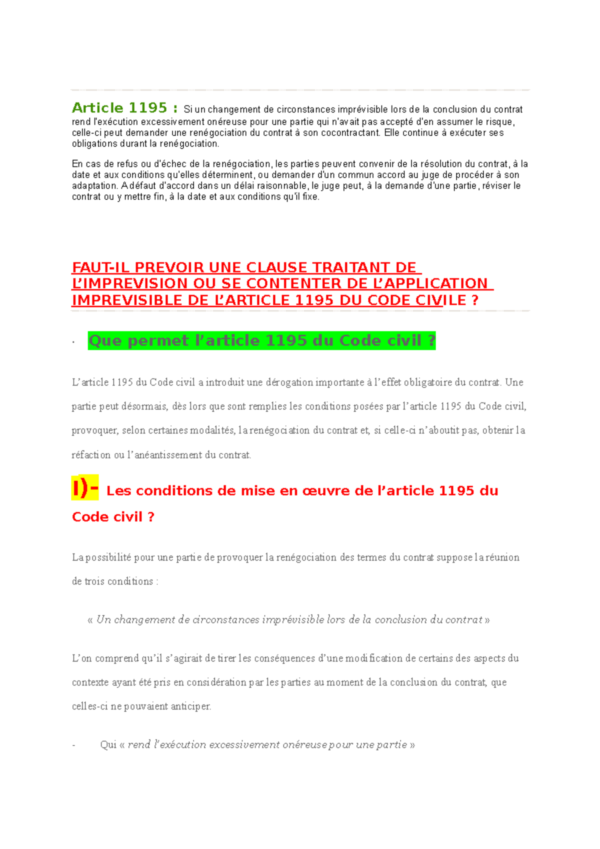 Article 1195 ( Commentaire ) Maurice Carvalho - Article 1195 : Si un ...