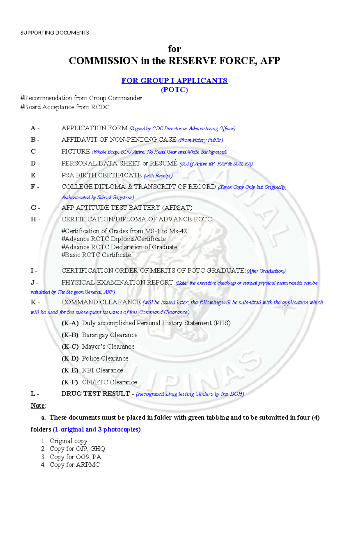 Group I - (POTC Requirements) - SUPPORTING DOCUMENTS for COMMISSION in ...