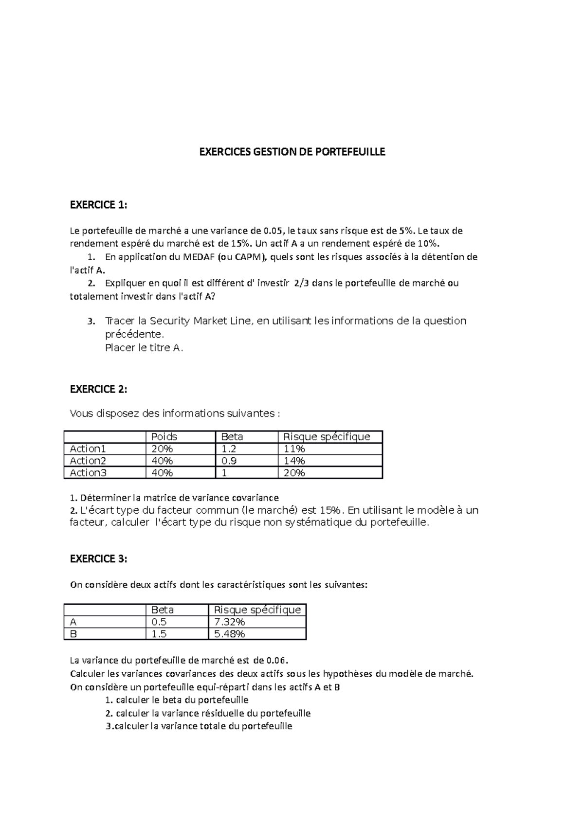 Exercices Gestion DE Portefeuille - EXERCICES GESTION DE PORTEFEUILLE EXERCICE 1: Le ...