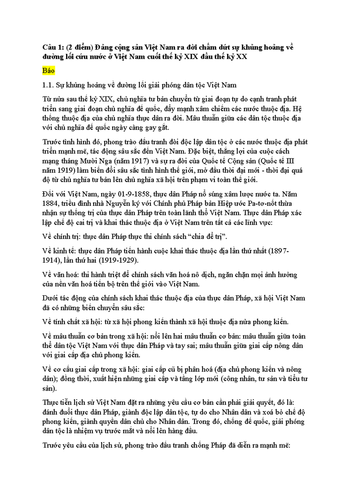 Câu hỏi tự luận TX1 - lsd - Câu 1: (2 điểm) Đảng cộng sản Việt Nam ra đời chấm dứt sự khủng ...