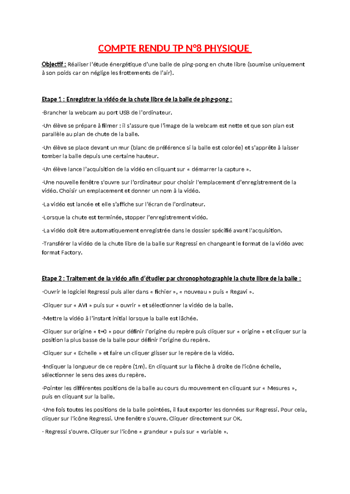 TP chute libre physique - COMPTE RENDU TP N°8 PHYSIQUE Objectif : Réaliser l’étude énergétique d ...