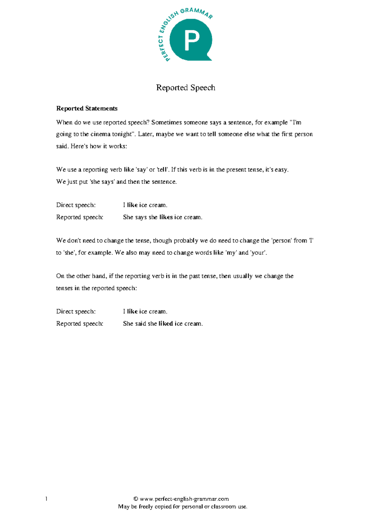 Reported speech explanation - 1 © perfect-english-grammar Reported ...