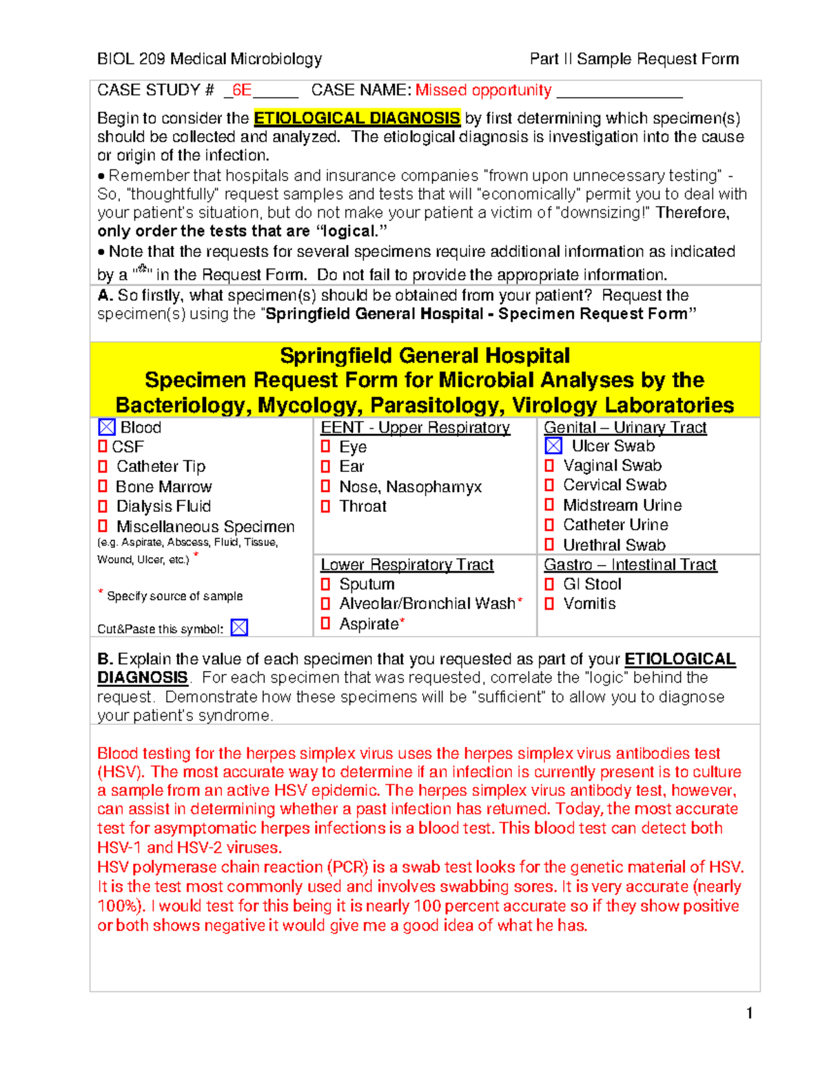 Part II Sample Request Form - BIOL 209 Medical Microbiology Part II ...
