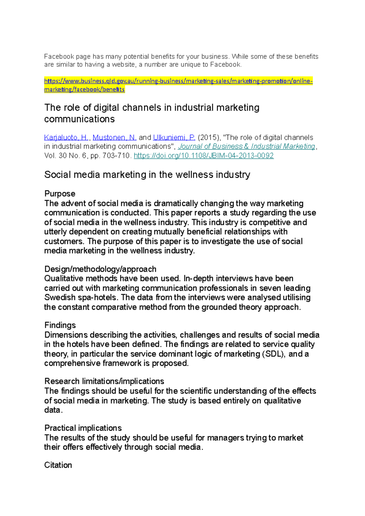 Assignment - Facebook page has many potential benefits for your ...