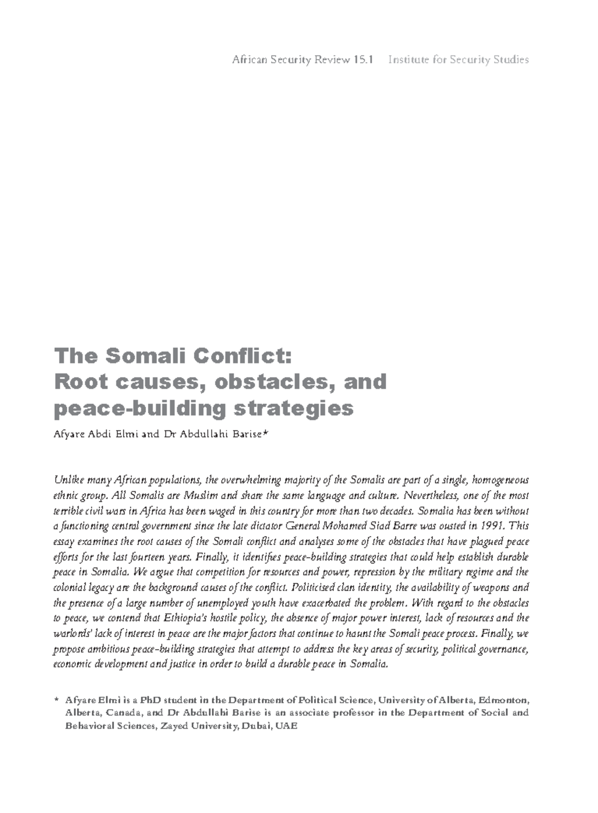 The Somali Conflict Root causes obstacles and peac - African Security ...