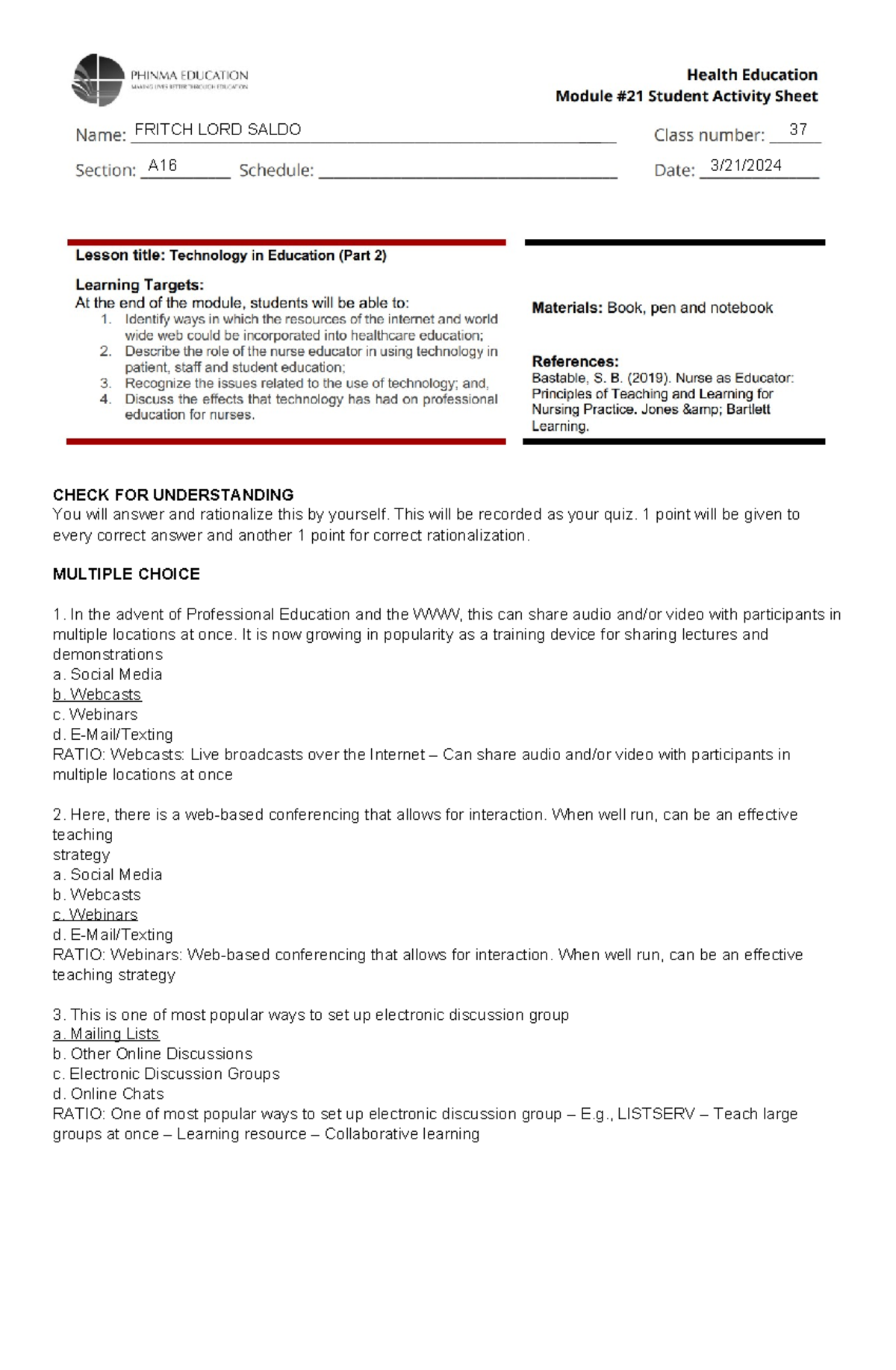 SAS 21 - HE - Saldo - wqd - CHECK FOR UNDERSTANDING You will answer and rationalize this by ...