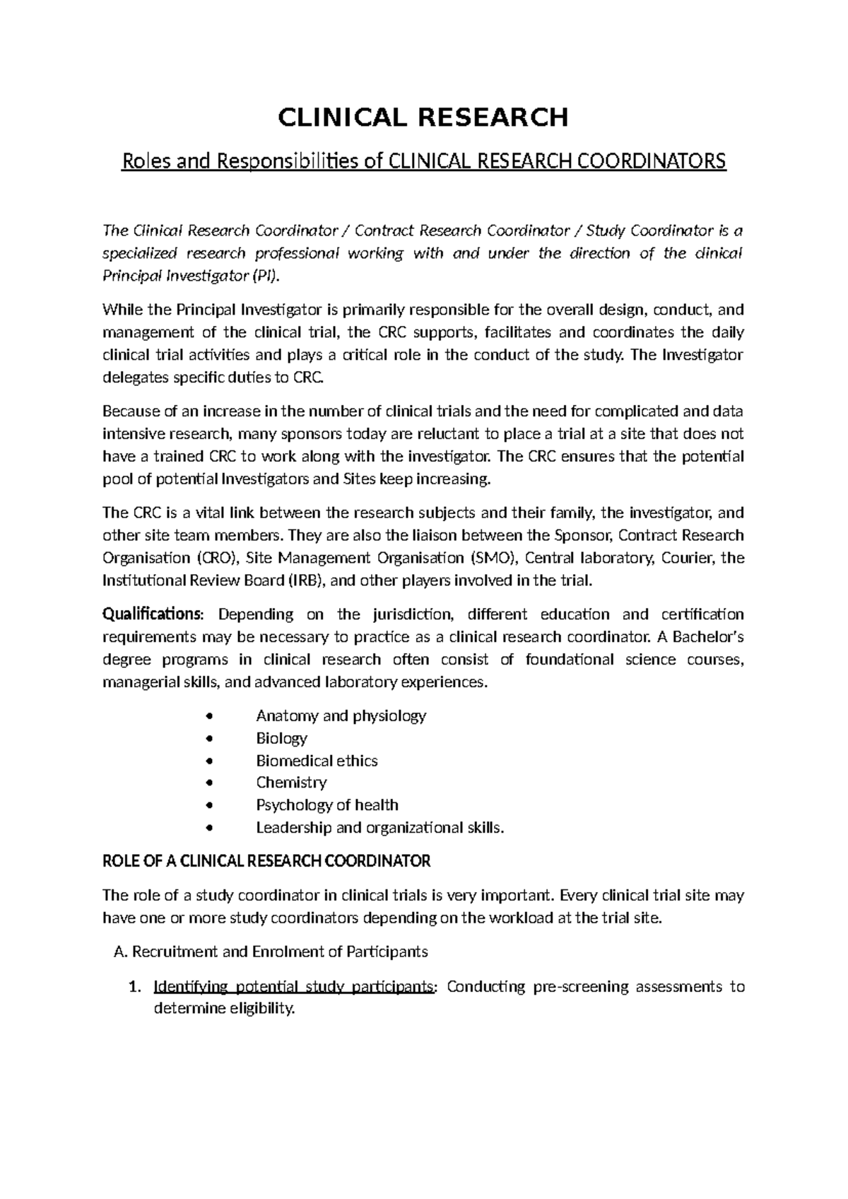 Clinical Research Coordinators Notes-1 - CLINICAL RESEARCH Roles and ...
