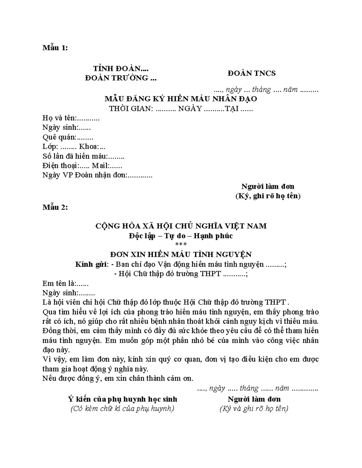Don dang ky hien mau - fdfsdfsd - Mẫu 1: TỈNH ĐOÀN.... ĐOÀN TRƯỜNG ...