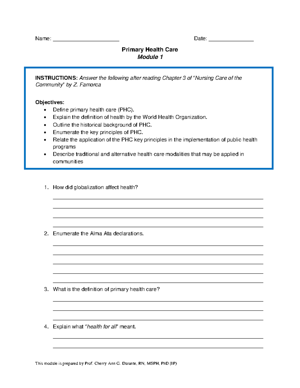 Activity Sheet PHC - Name: ______________________ Date ...