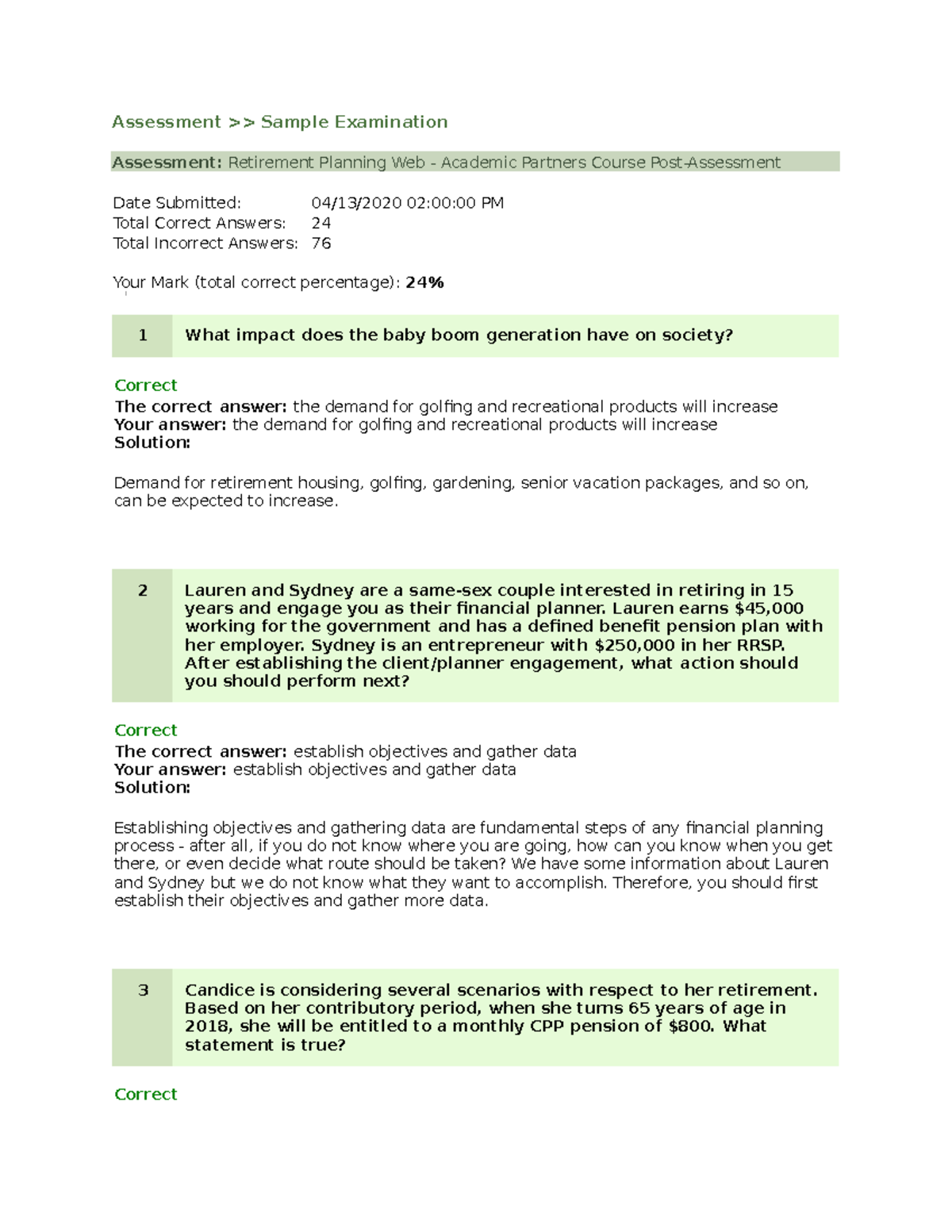 Retirement Planning Test Assessment Sample Examination Assessment