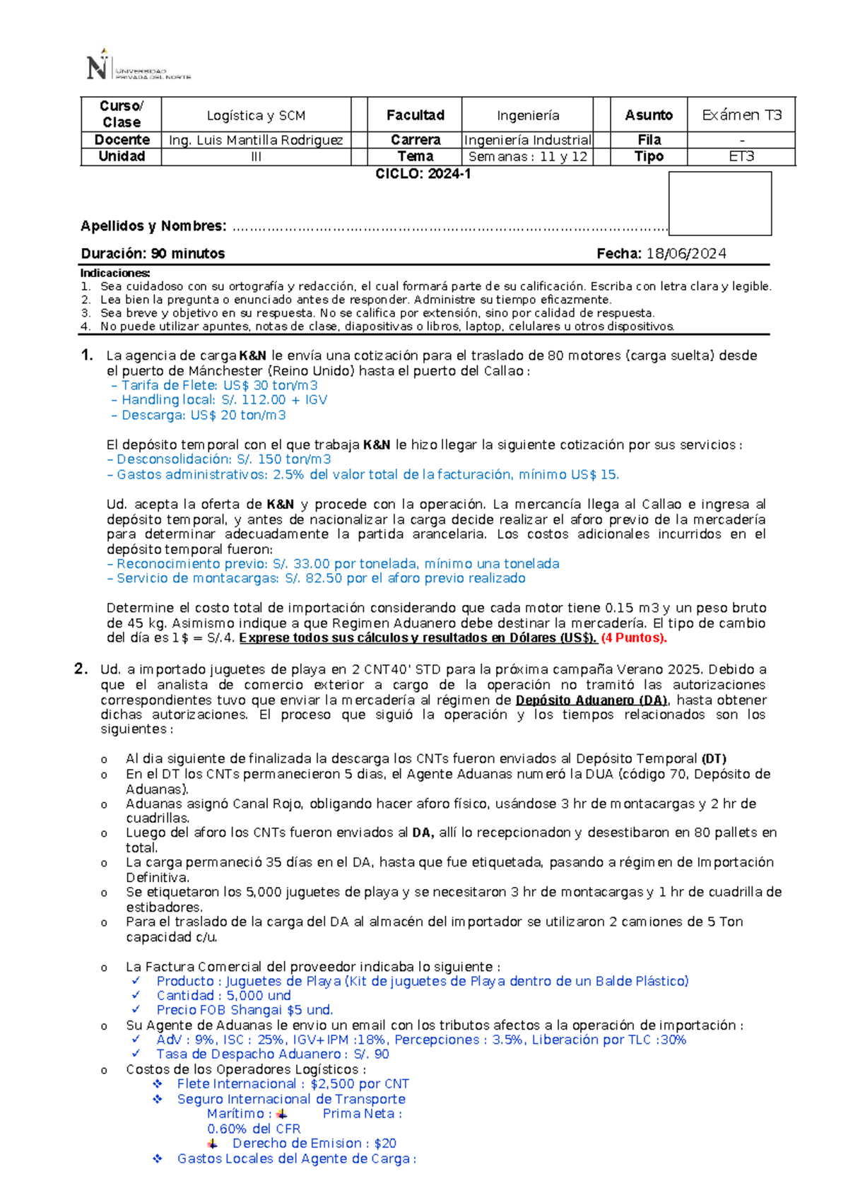 (2024-1) Exámen T3 - efwef - .Nota: Curso/ Clase Logística y SCM ...