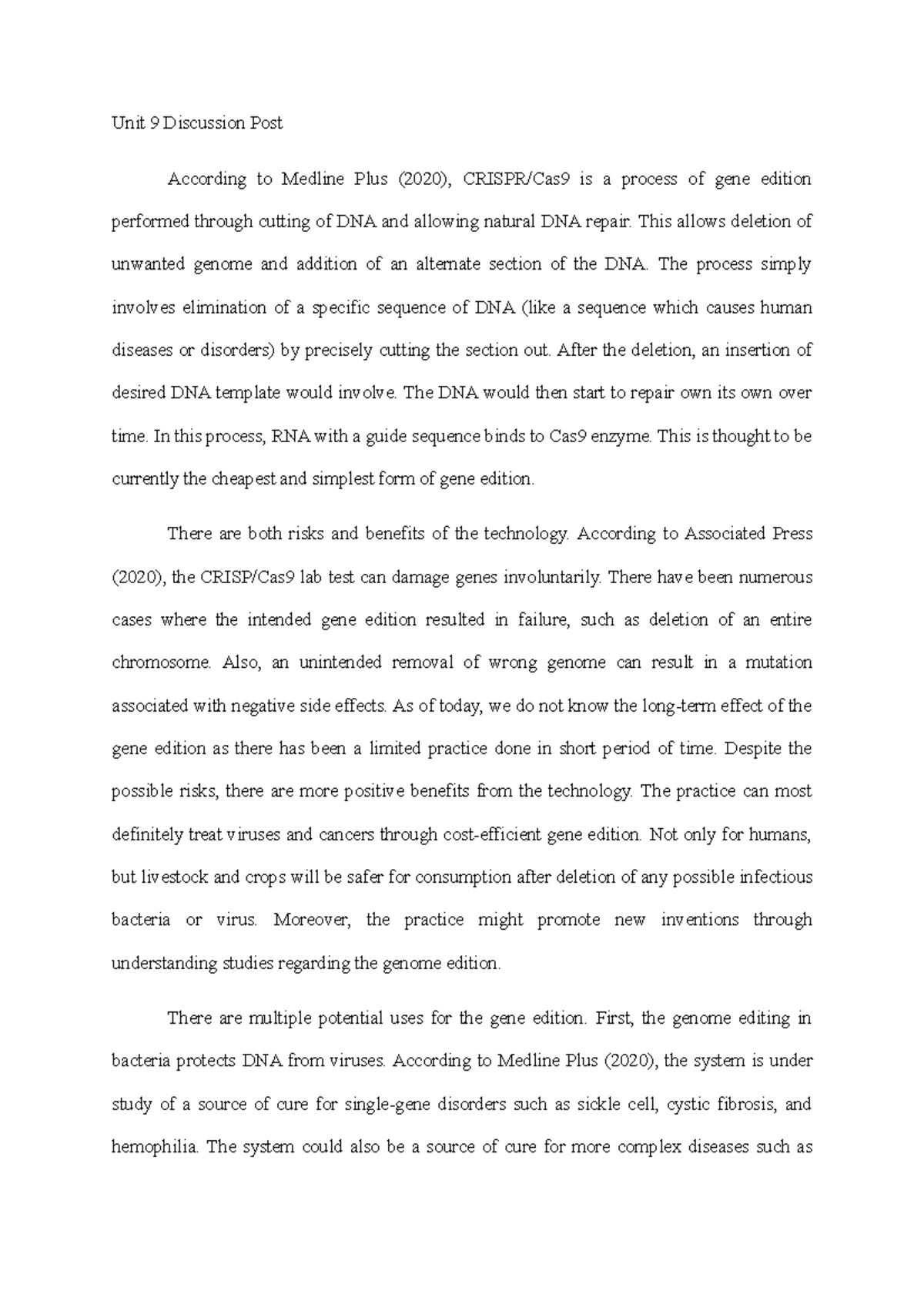 Unit 9 Discussion Post - Unit 9 Discussion Post According to Medline ...
