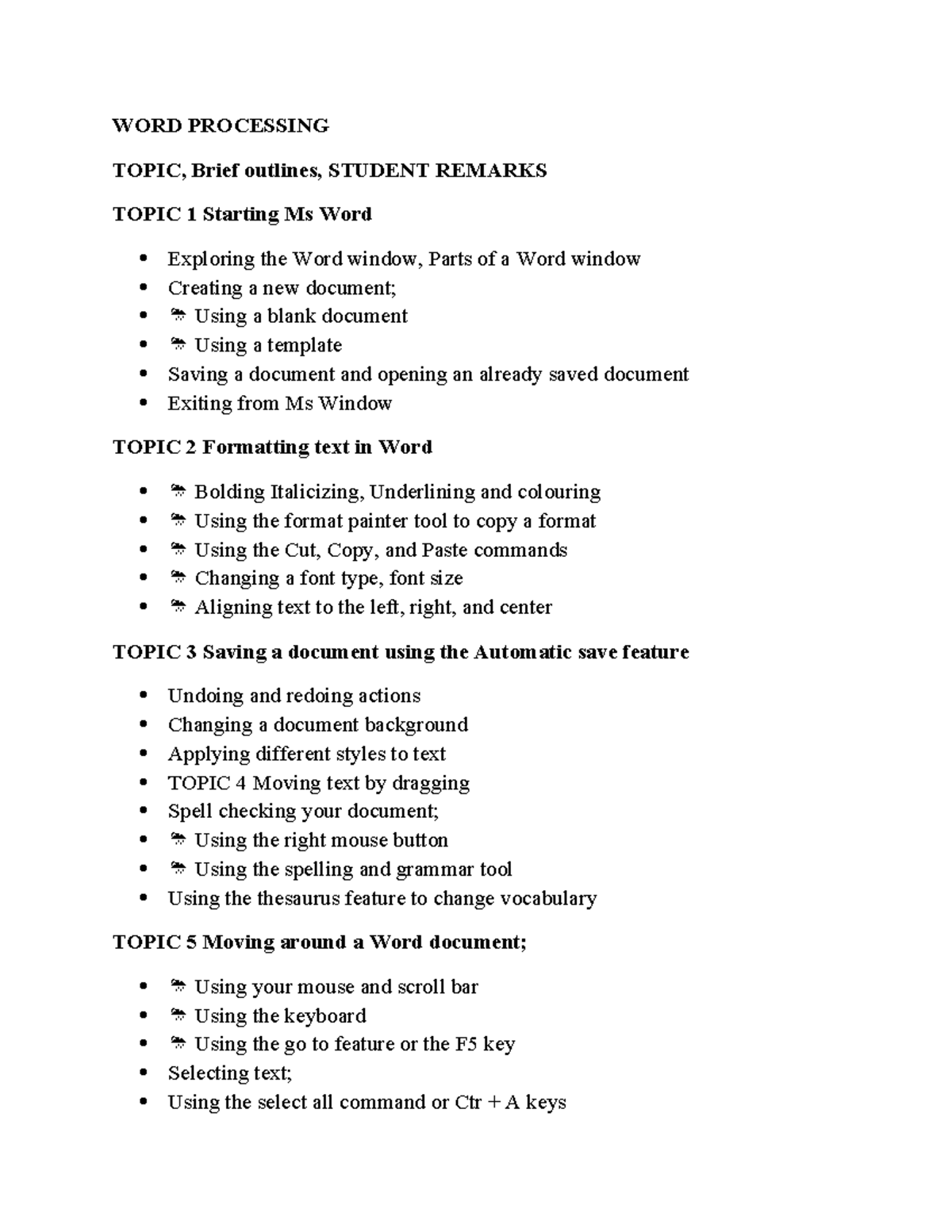 WORD Processing - WORD SKILLS - WORD PROCESSING TOPIC, Brief outlines ...