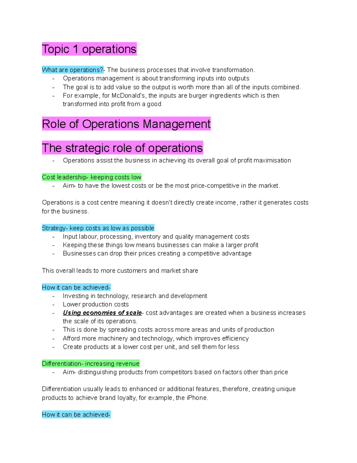 Business studies year 12 - Topic 1 operations What are operations?- The ...