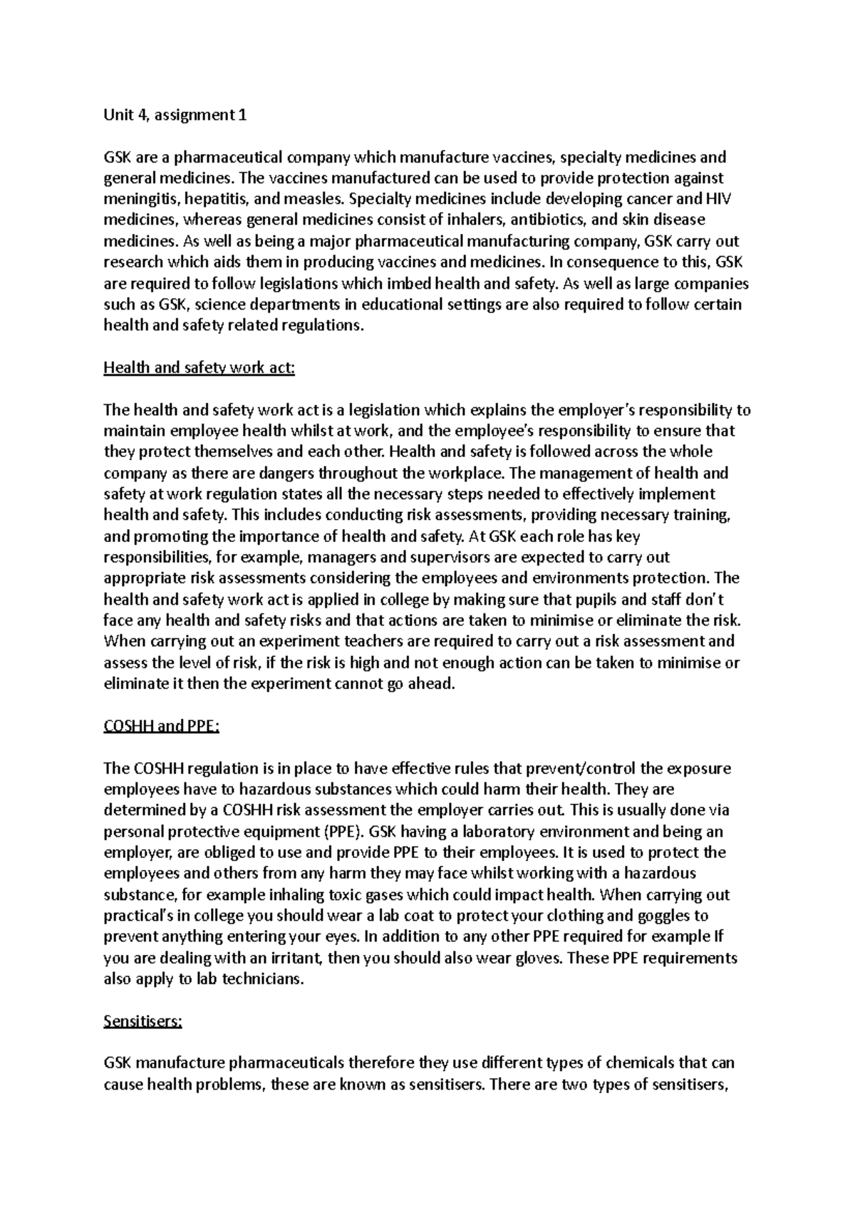 Unit 4 assignment 1 - Unit 4, assignment 1 GSK are a pharmaceutical company which manufacture ...