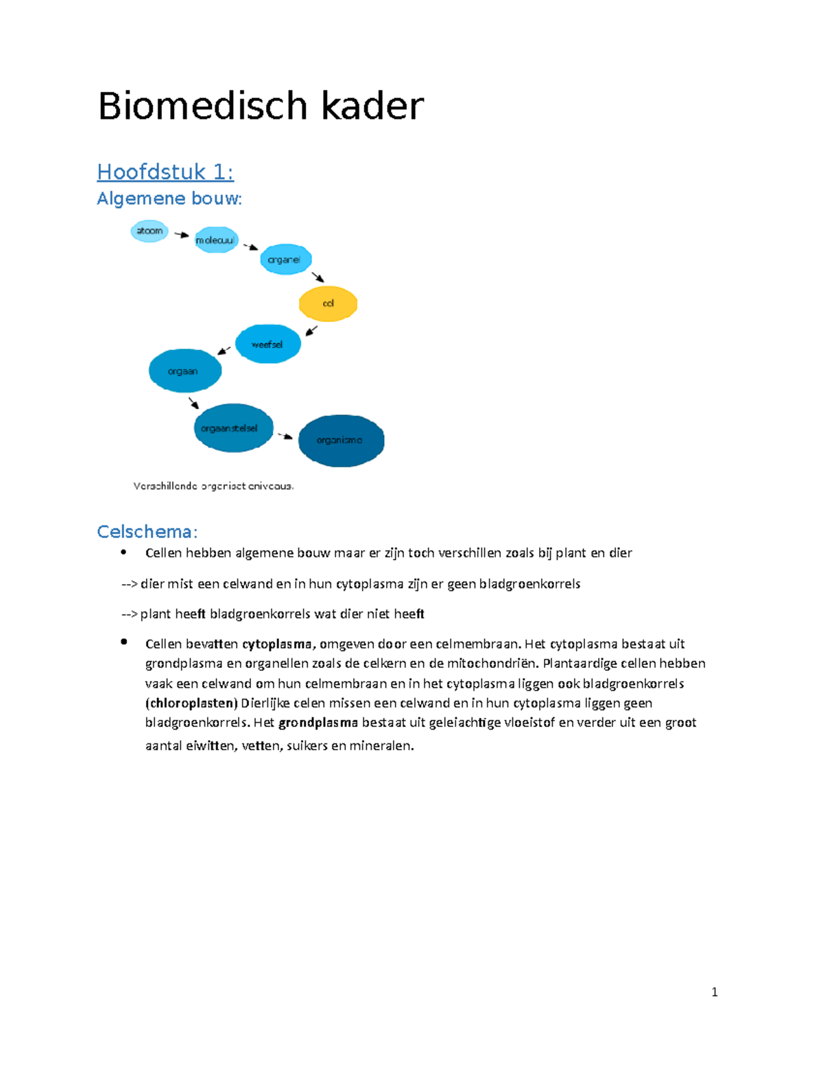 Samenvatting - Biomedisch kader Hoofdstuk 1: Algemene bouw: Celschema ...