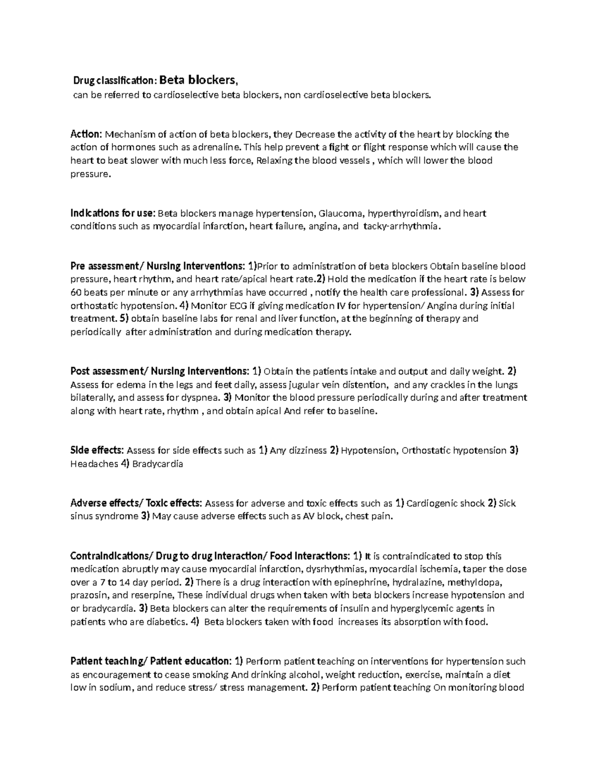 Drug Card Beta Blockers - Drug classification: Beta blockers, can be ...