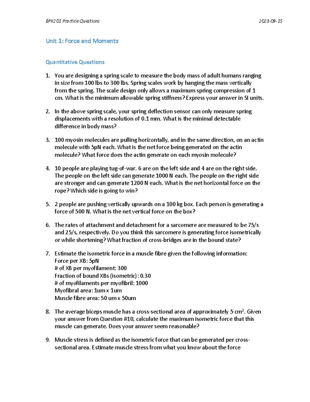 BPK 201 practice questing unit 2 - Unit 1: Force and Moments ...