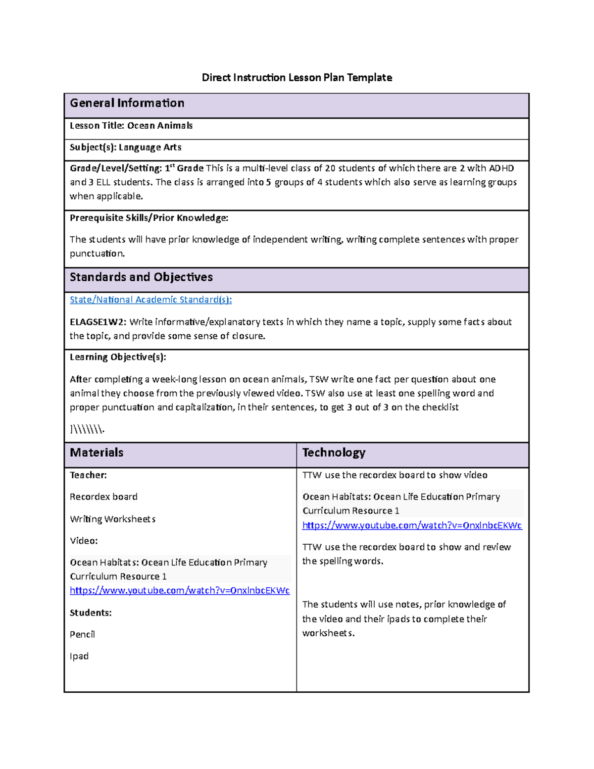 Lang arts lesson plan - Direct Instruction Lesson Plan Template General ...