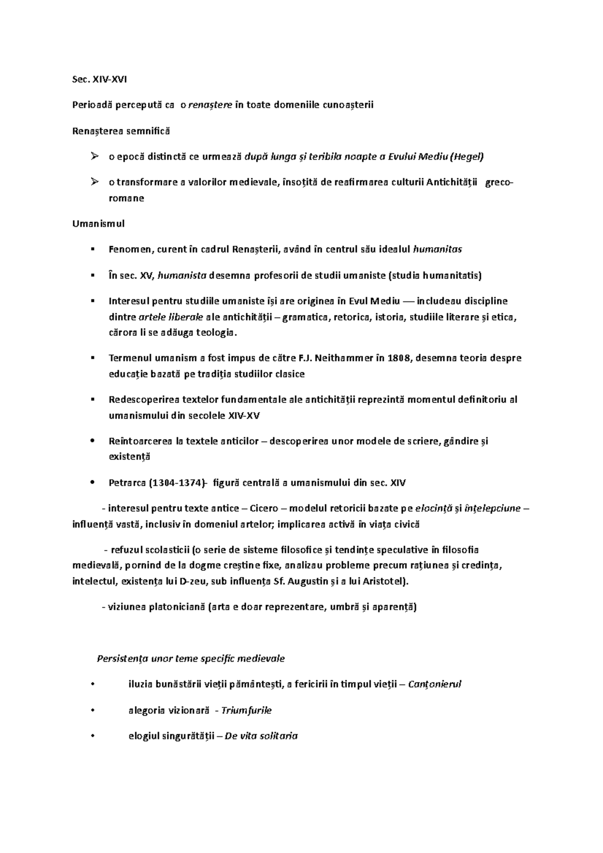 Renasterea - Lecture notes 3 - Sec. XIV-XVI Perioadă percepută ca o ...