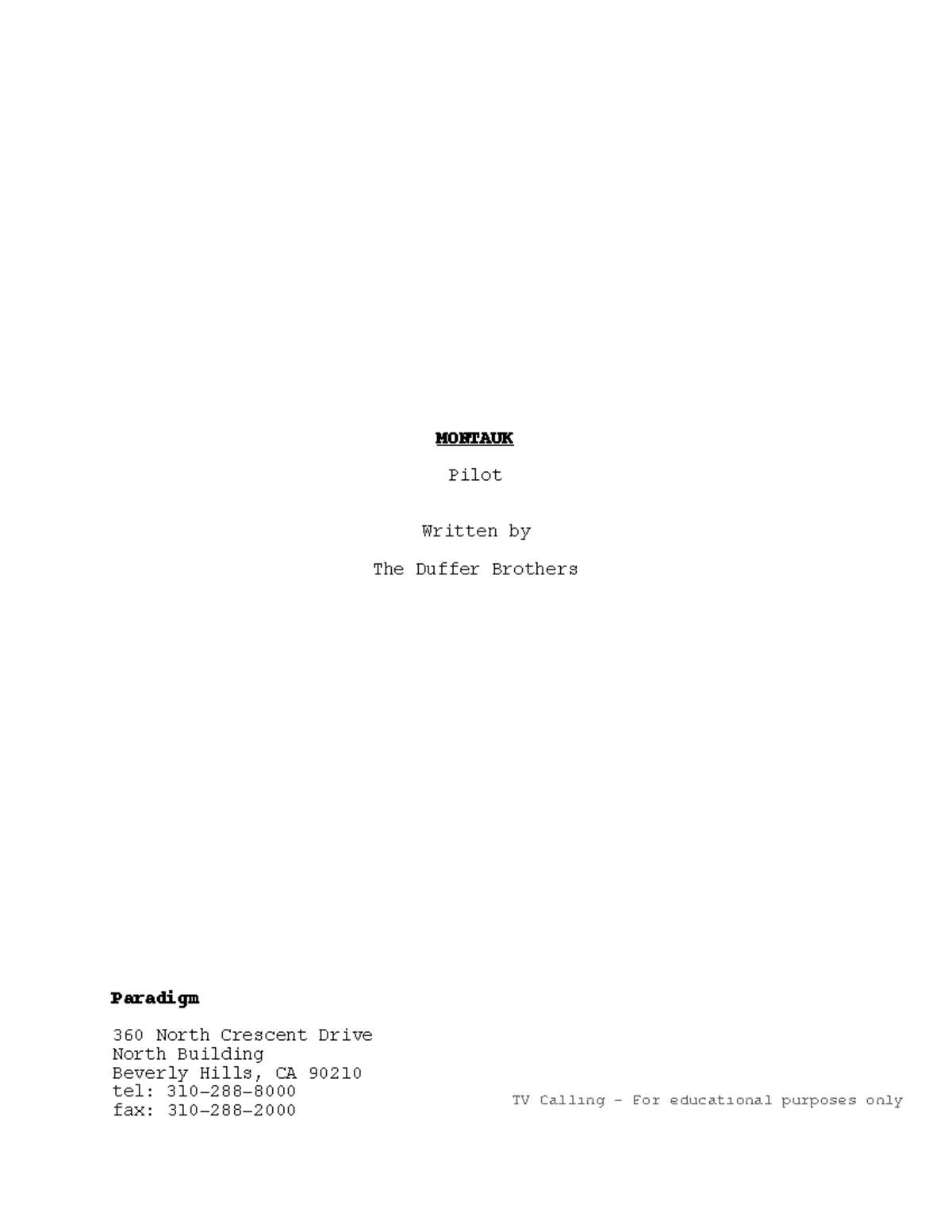 W09: Stranger Things 101 Script - MONTAUK Pilot Written by The Duffer ...