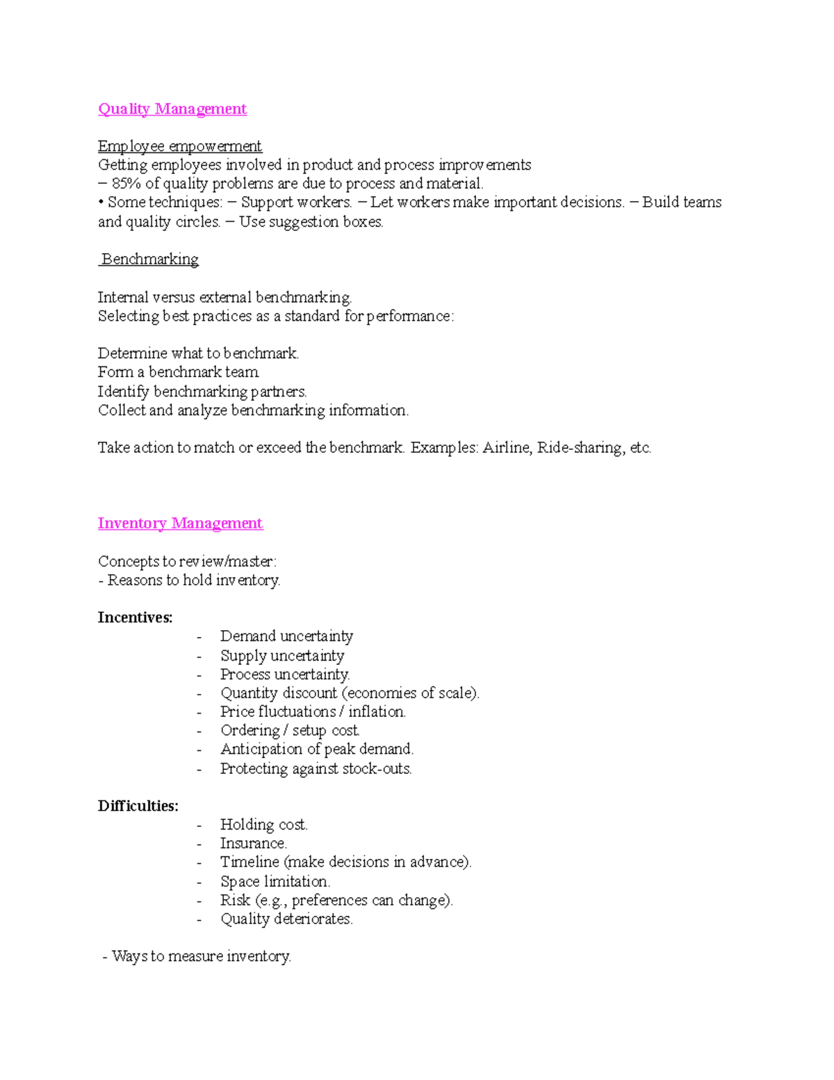 Quality Management - notes - Quality Management Employee empowerment ...