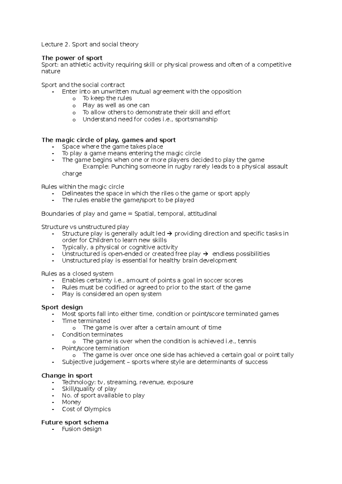 Sport and Society Notes - Lecture 2. Sport and social theory The power ...
