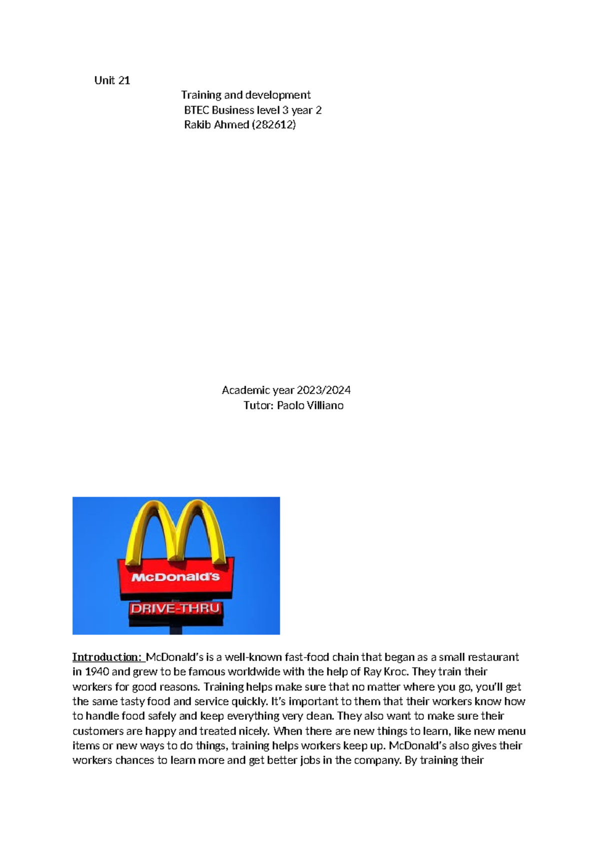 Palows assignment done 18 - Unit 21 Training and development BTEC ...