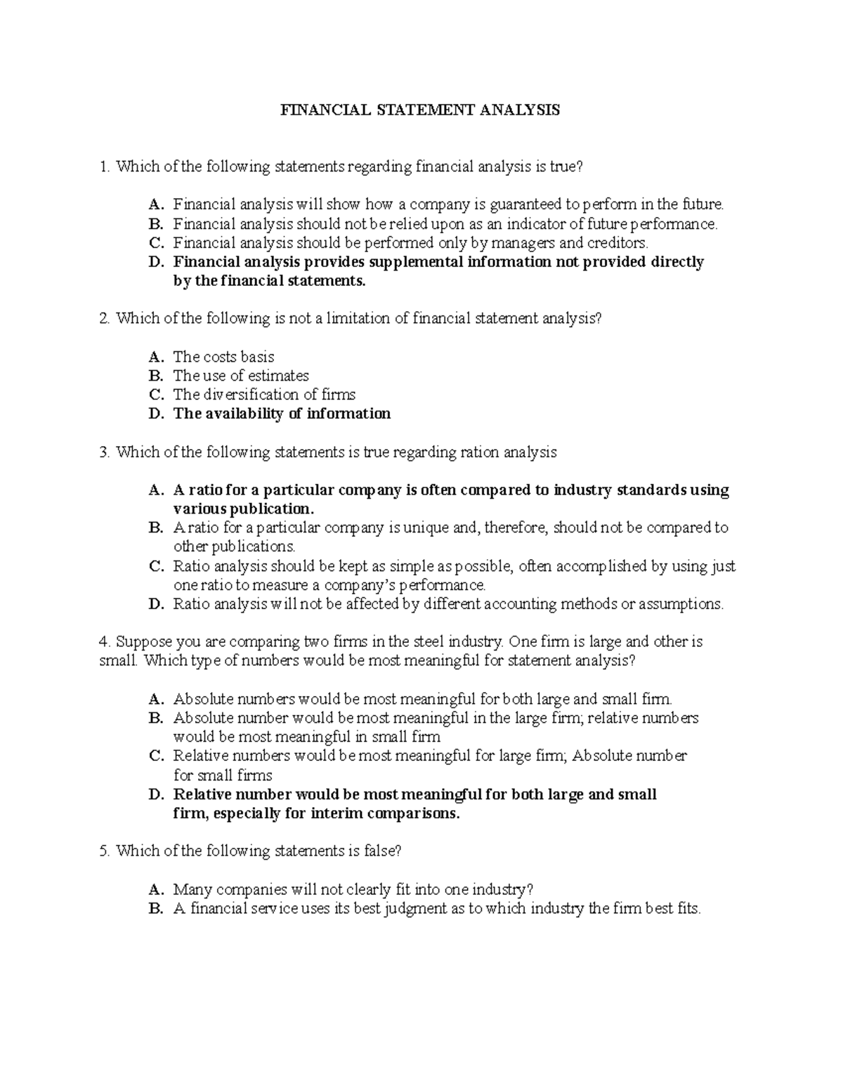 Financial Statement Analysis - FINANCIAL STATEMENT ANALYSIS Which of ...