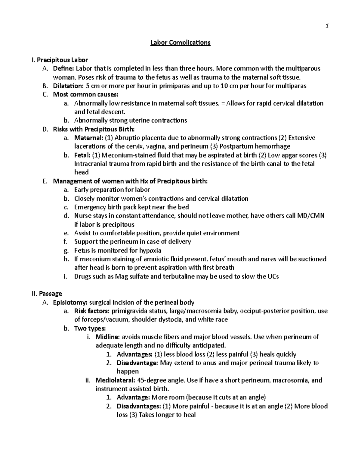 OB Exam 3 Outline-MB - outline - Labor Complications I. Precipitous ...