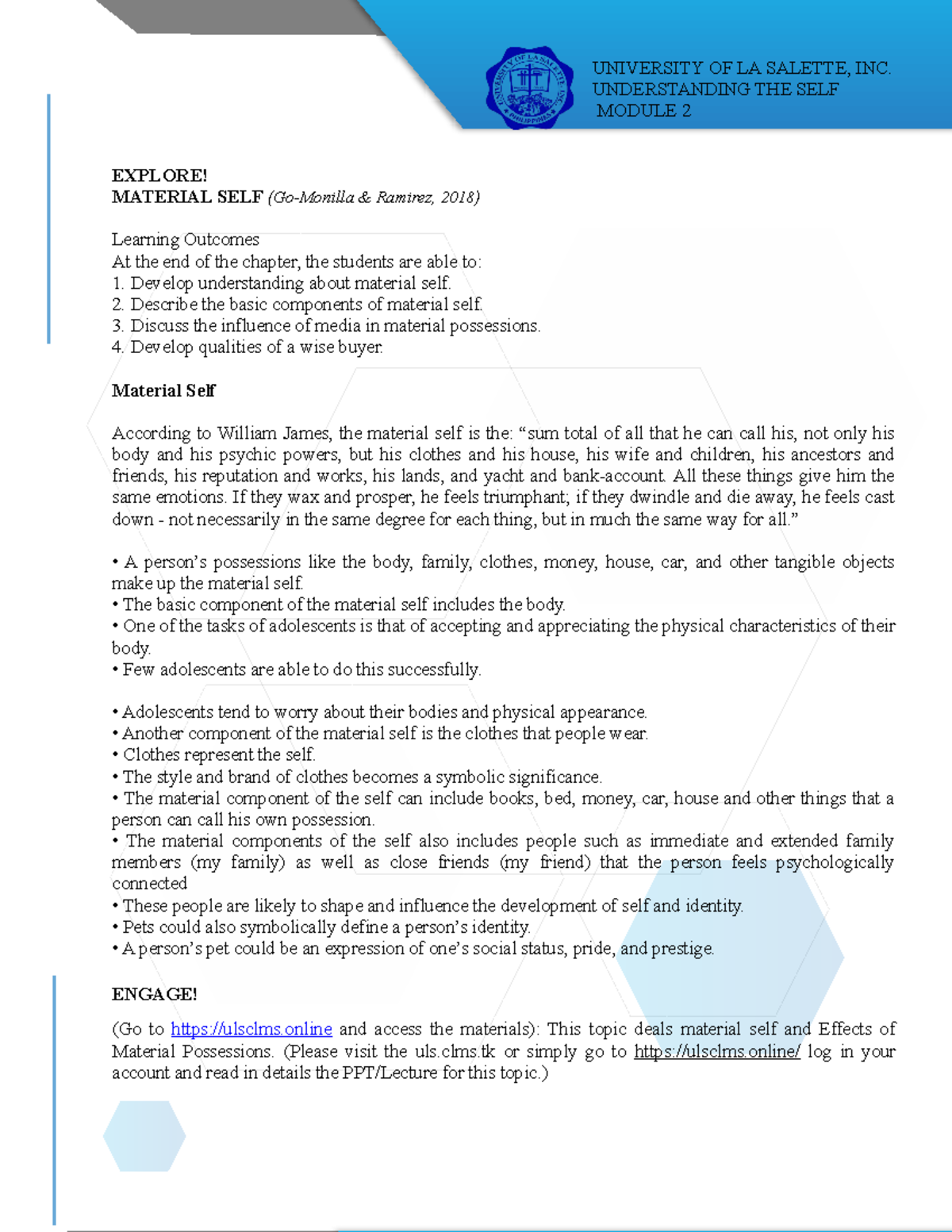 Material-Self - uts - v UNDERSTANDING THE SELF MODULE 2 EXPLORE! MATERIAL SELF (Go-Monilla ...